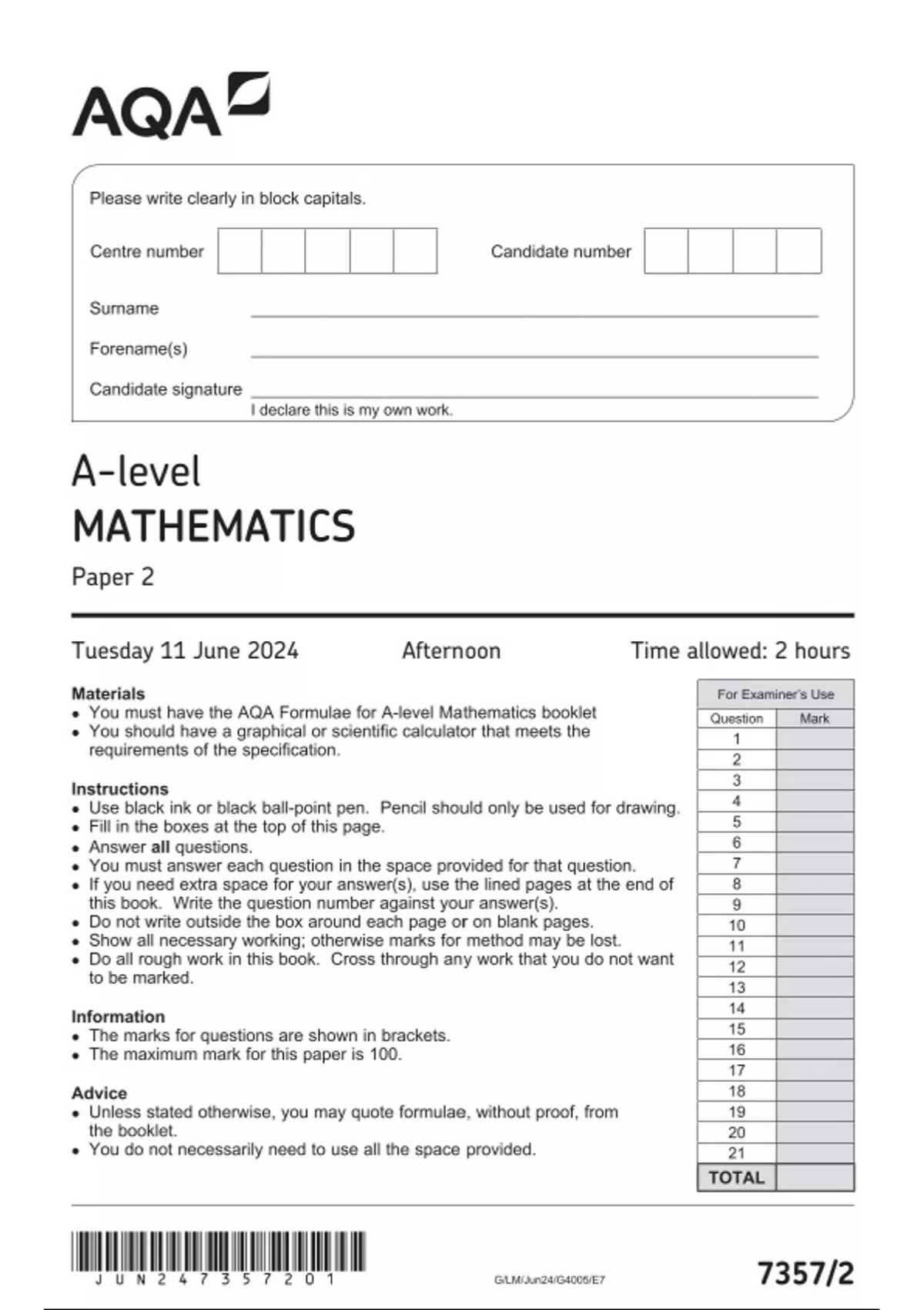 AQA A-level MATHEMATICS Paper 1, 2 and 3 JUNE 2024 QUESTION PAPERS AND ...