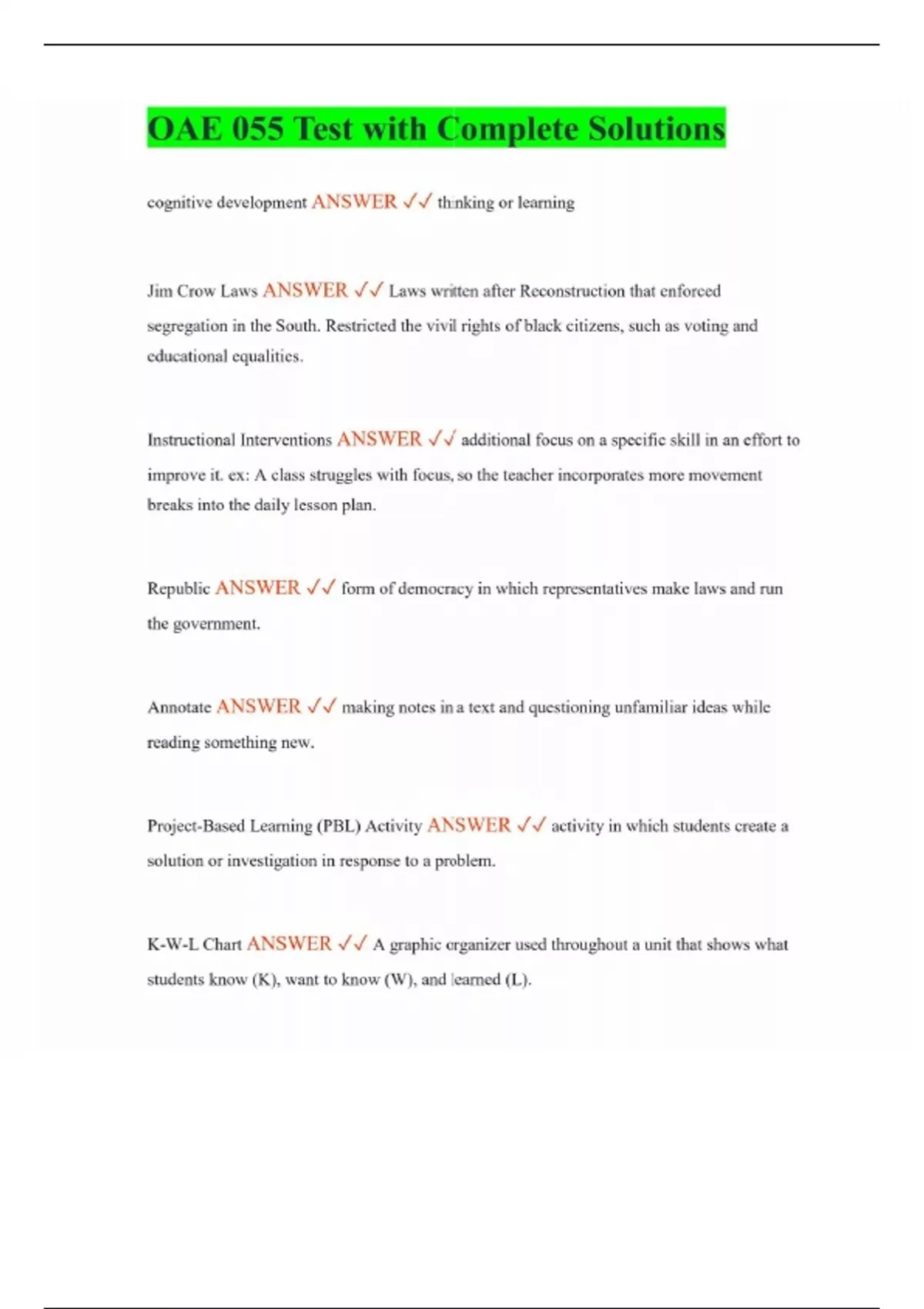 OAE 055 Test with Complete Solutions - OAE 055 - Stuvia US