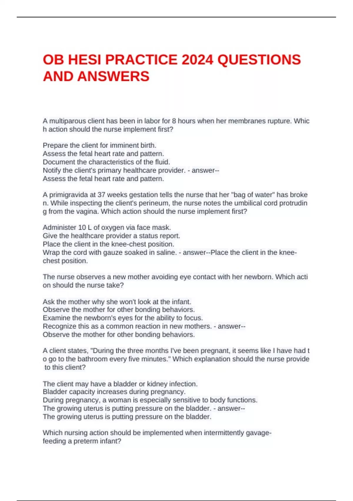 OB HESI PRACTICE 2024 QUESTIONS AND ANSWERS - 2024 HESI MATERNITY OB ...