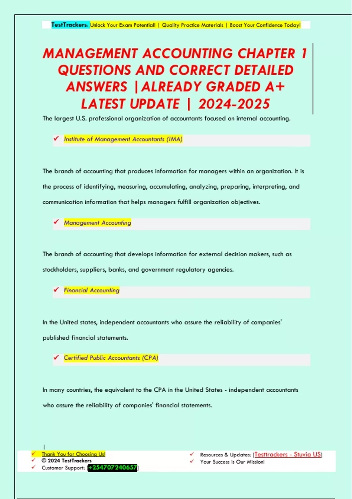 MANAGEMENT ACCOUNTING CHAPTER 1 QUESTIONS AND CORRECT DETAILED ANSWERS ...