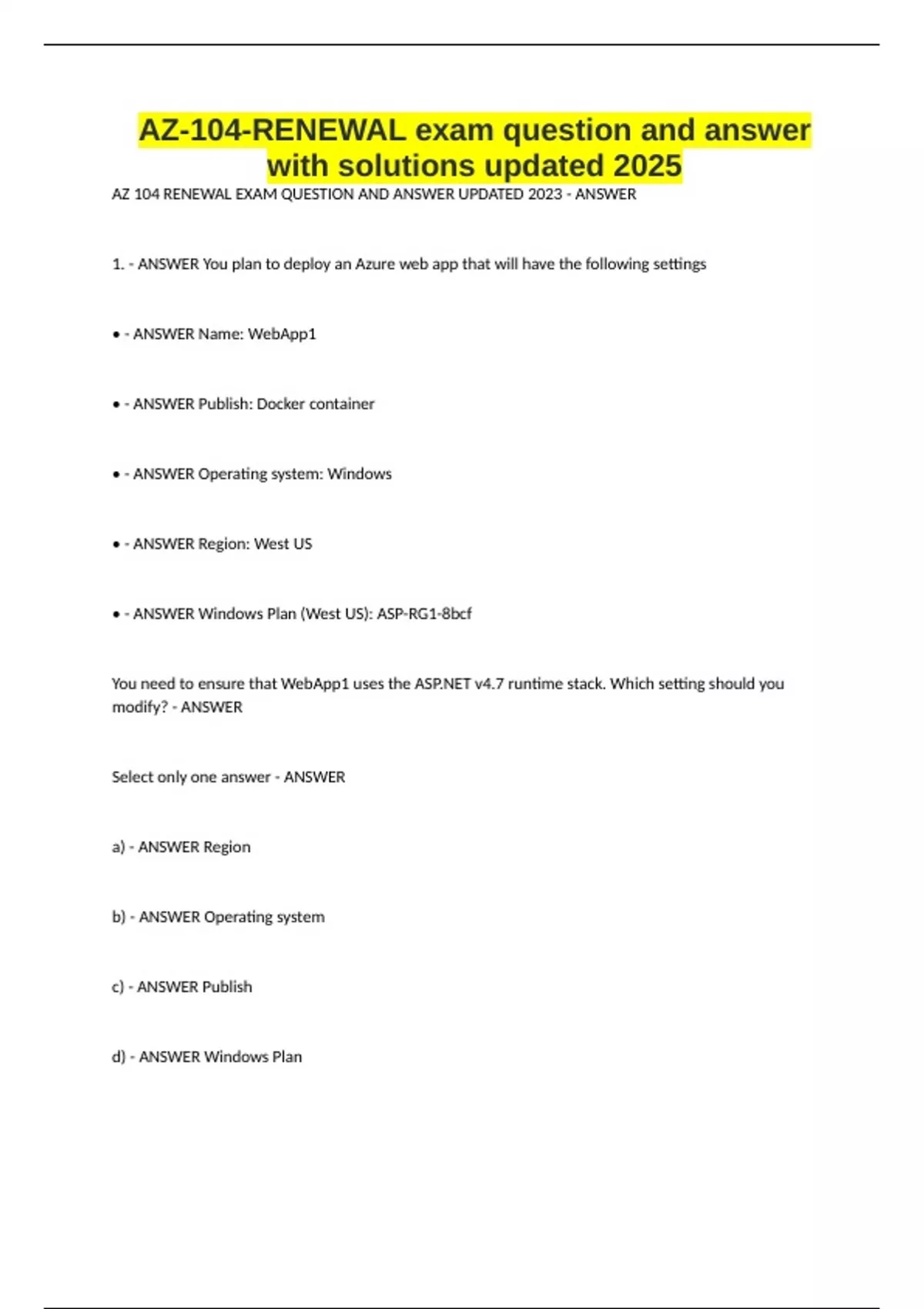 AZ-104-RENEWAL exam question and answer with solutions updated 2025 ...