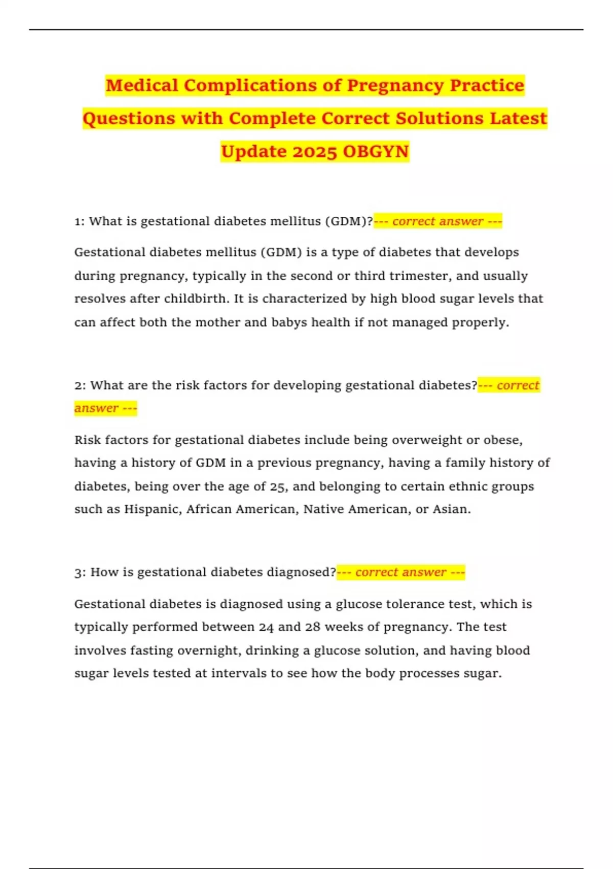 Medical Complications of Pregnancy Practice Questions with Complete ...