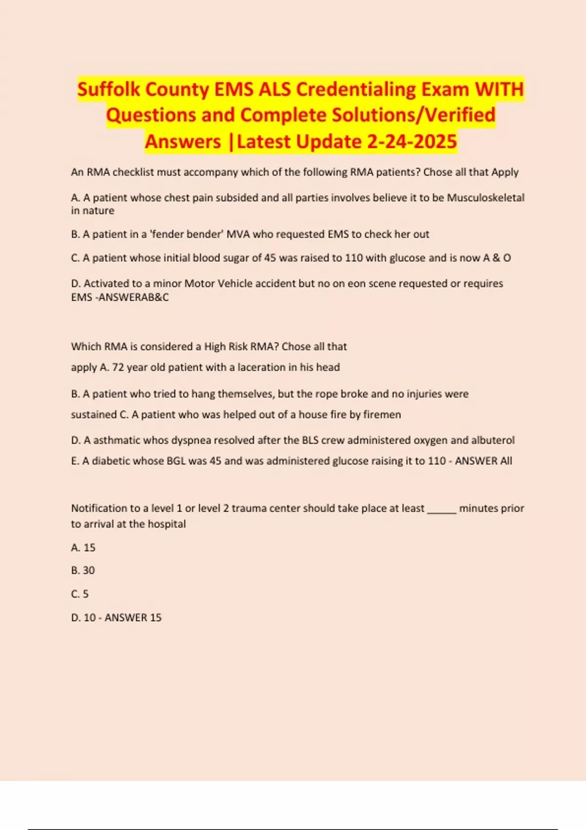 Suffolk County EMS ALS Credentialing Exam WITH Questions and Complete Solutions/Verified Answers ...