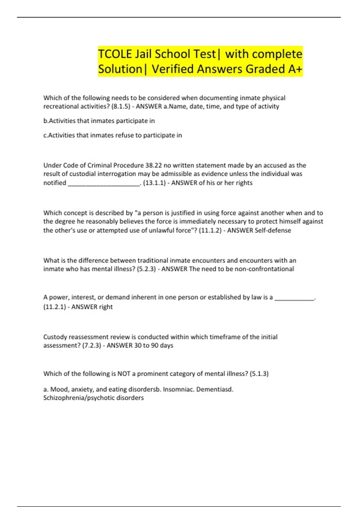 TCOLE Jail School Test| with complete Solution| Verified Answers Graded ...