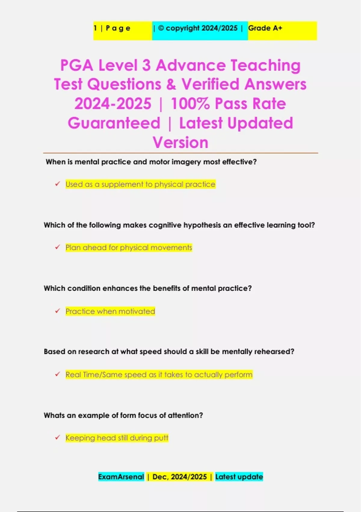 PGA Level 3 Advance Teaching Test Questions & Verified Answers | 100% ...