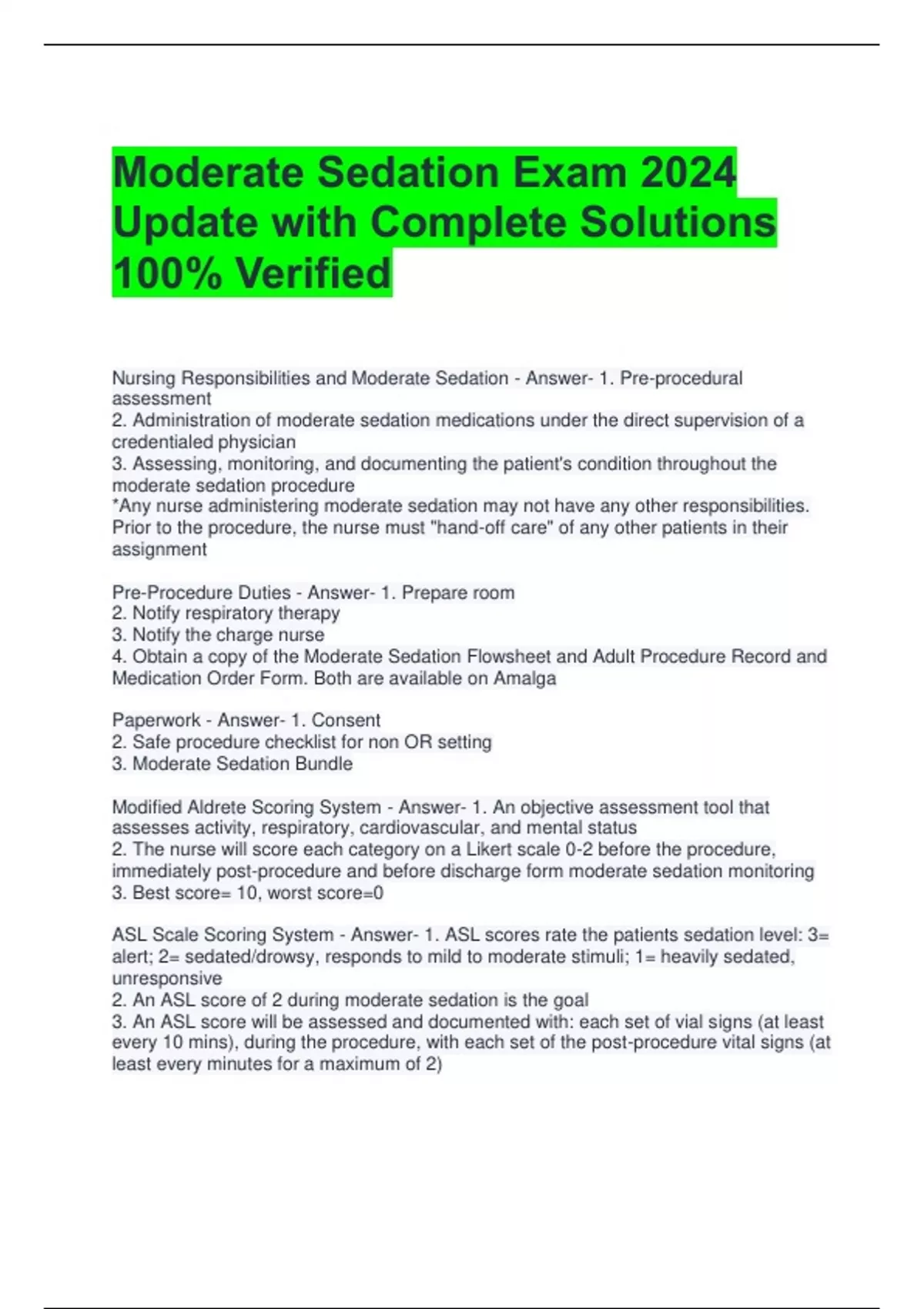Moderate Sedation Exam 2024 Update with Complete Solutions 100% ...