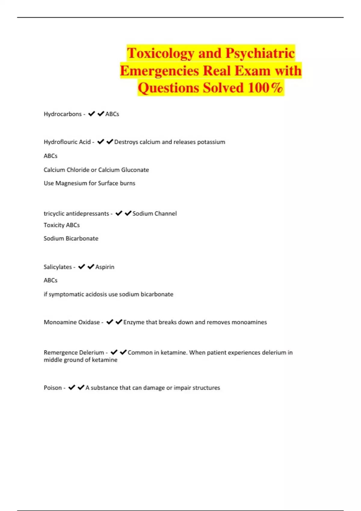 Toxicology and Psychiatric Emergencies Real Exam with Questions Solved ...