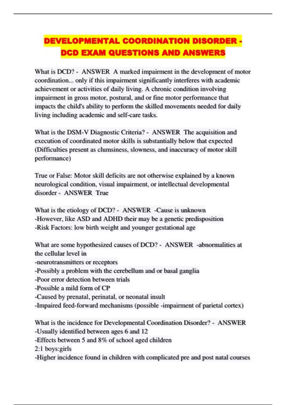 DEVELOPMENTAL COORDINATION DISORDER - DCD EXAM QUESTIONS AND ANSWERS ...
