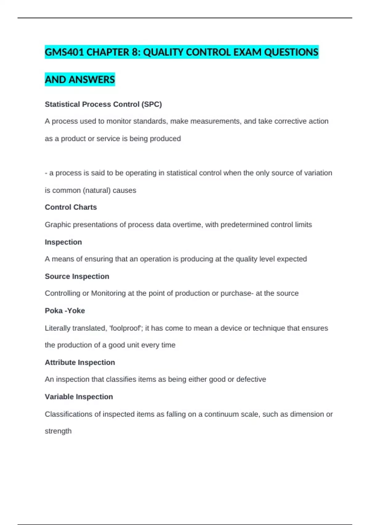 GMS401 CHAPTER 8: QUALITY CONTROL EXAM QUESTIONS AND ANSWERS - GMS401 ...