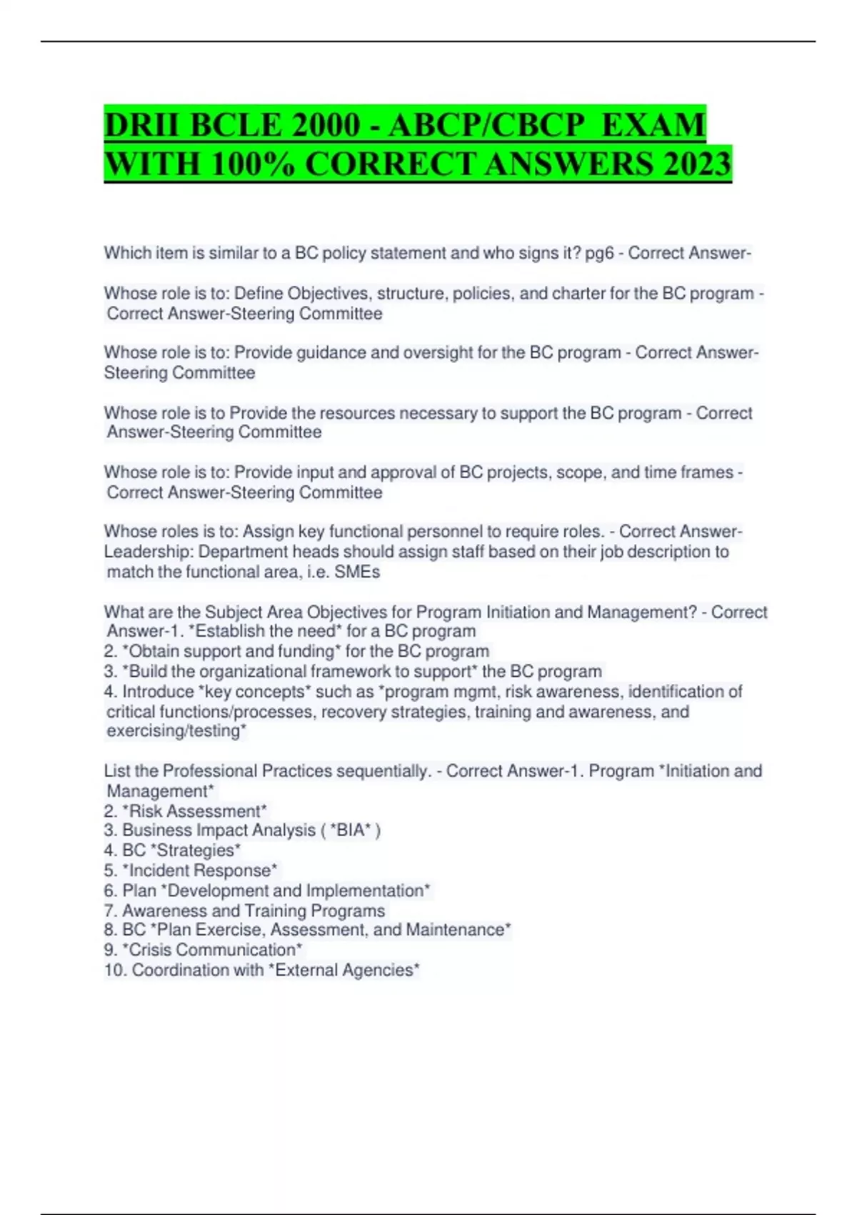 DRII BCLE 2000 – ABCP-CBCP QUESTIONS AND ANSWERS 100% CORRECT A+ GRADE ...