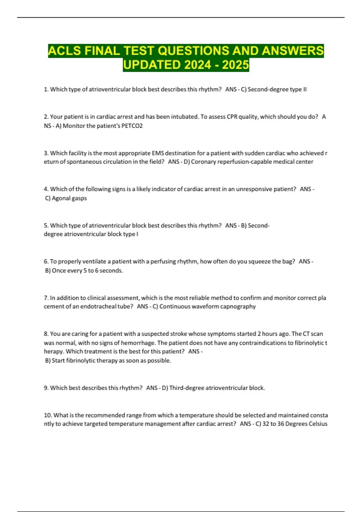 ACLS FINAL TEST QUESTIONS AND ANSWERS UPDATED - ACLS - Stuvia US