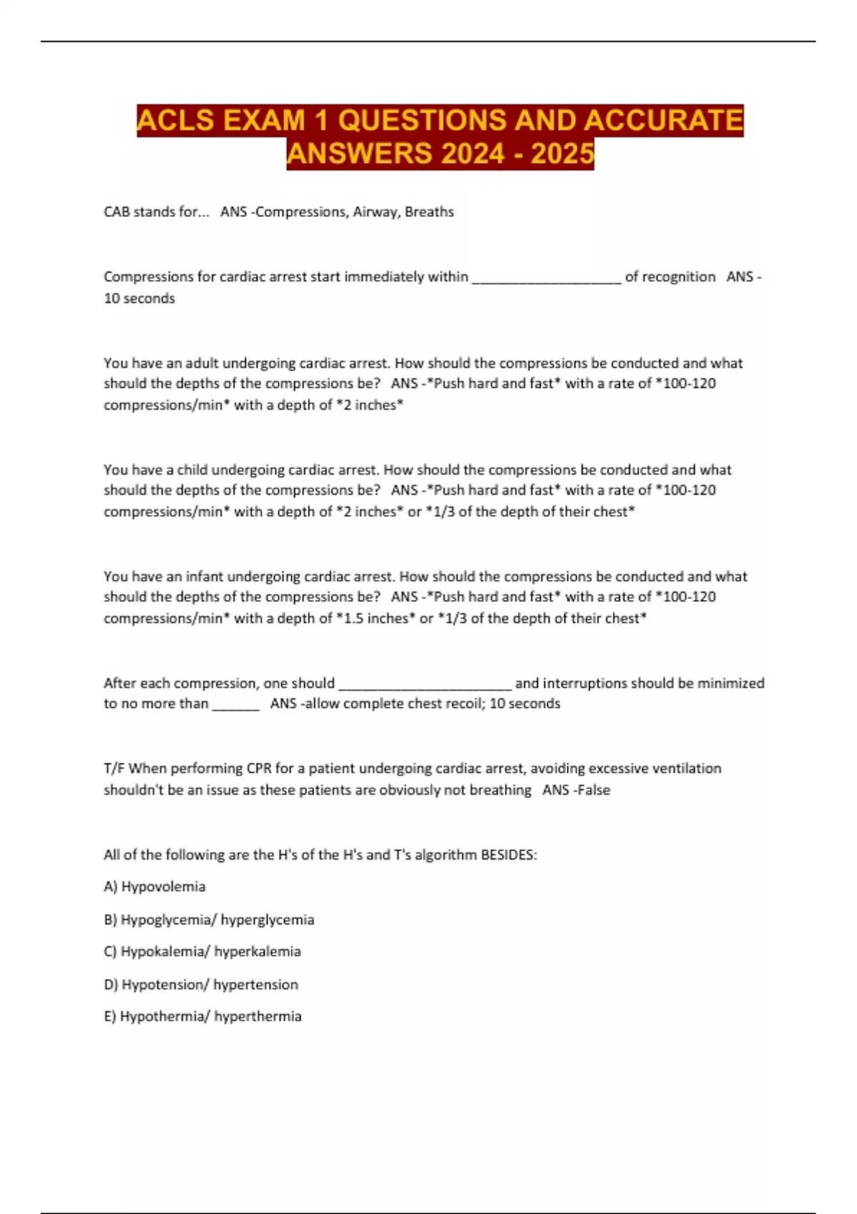 ACLS EXAM 1 QUESTIONS AND ACCURATE ANSWERS - ACLS - Stuvia US