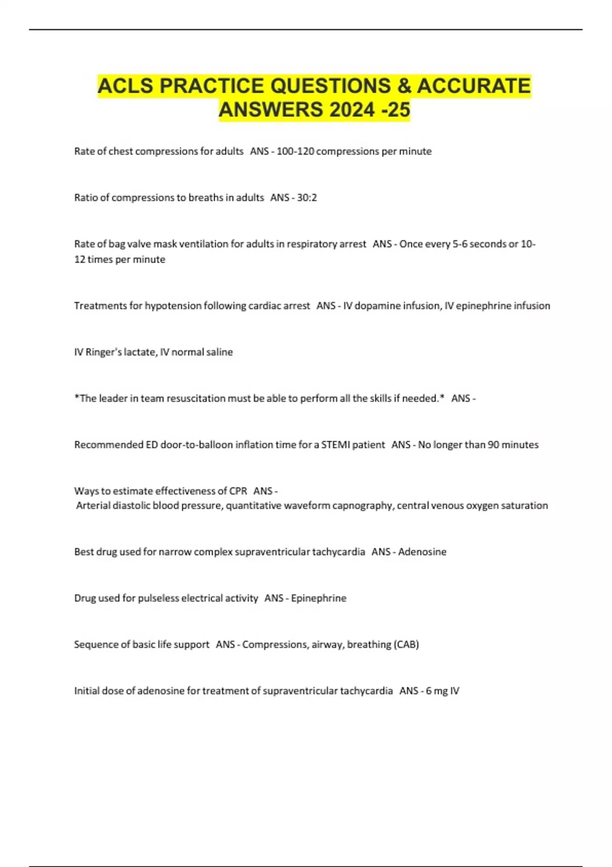 ACLS PRACTICE QUESTIONS & ACCURATE ANSWERS 2024 -25 - ACLS - Stuvia US