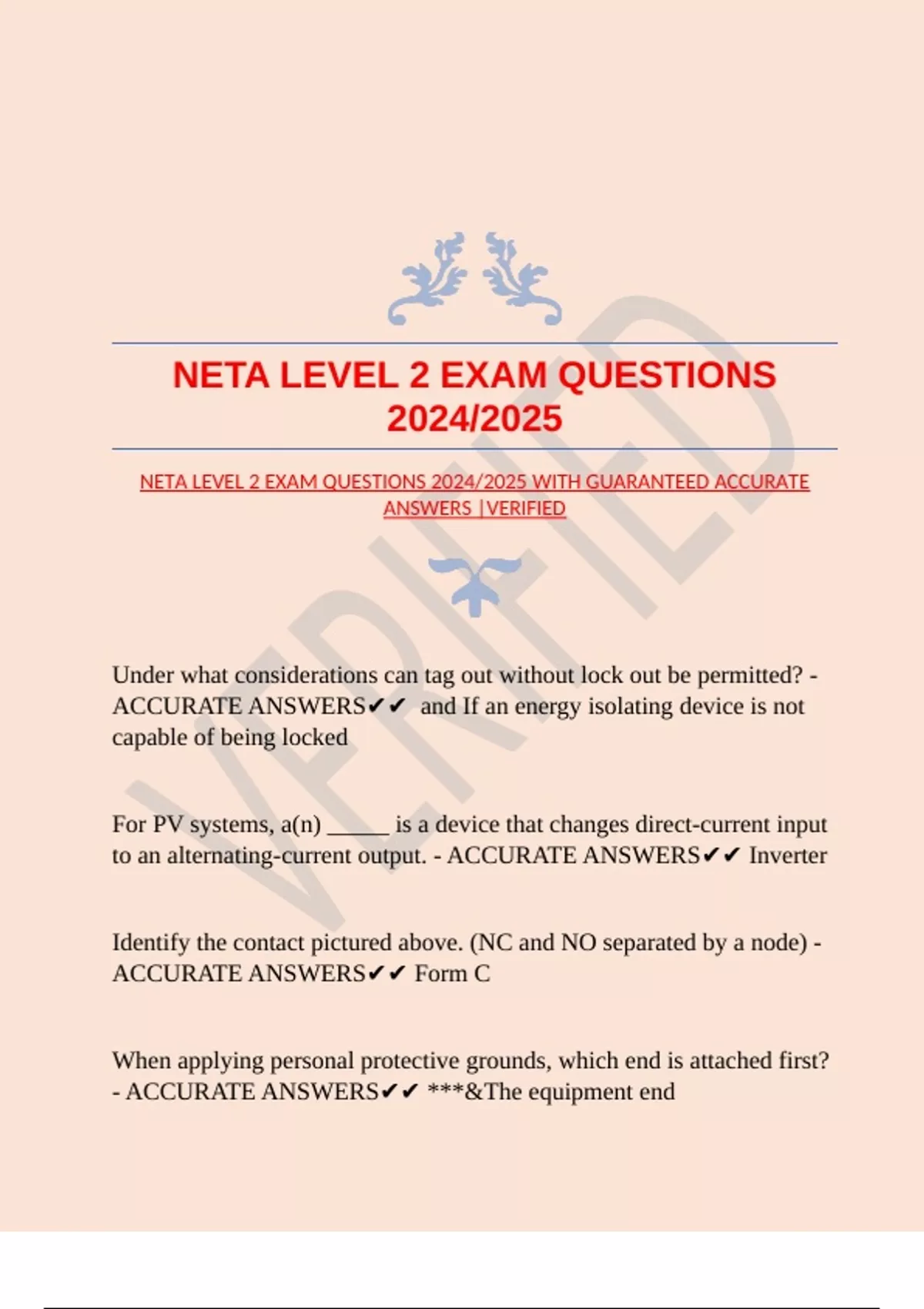 NETA LEVEL 2 EXAM QUESTIONS 2024/2025 WITH GUARANTEED ACCURATE ANSWERS ...