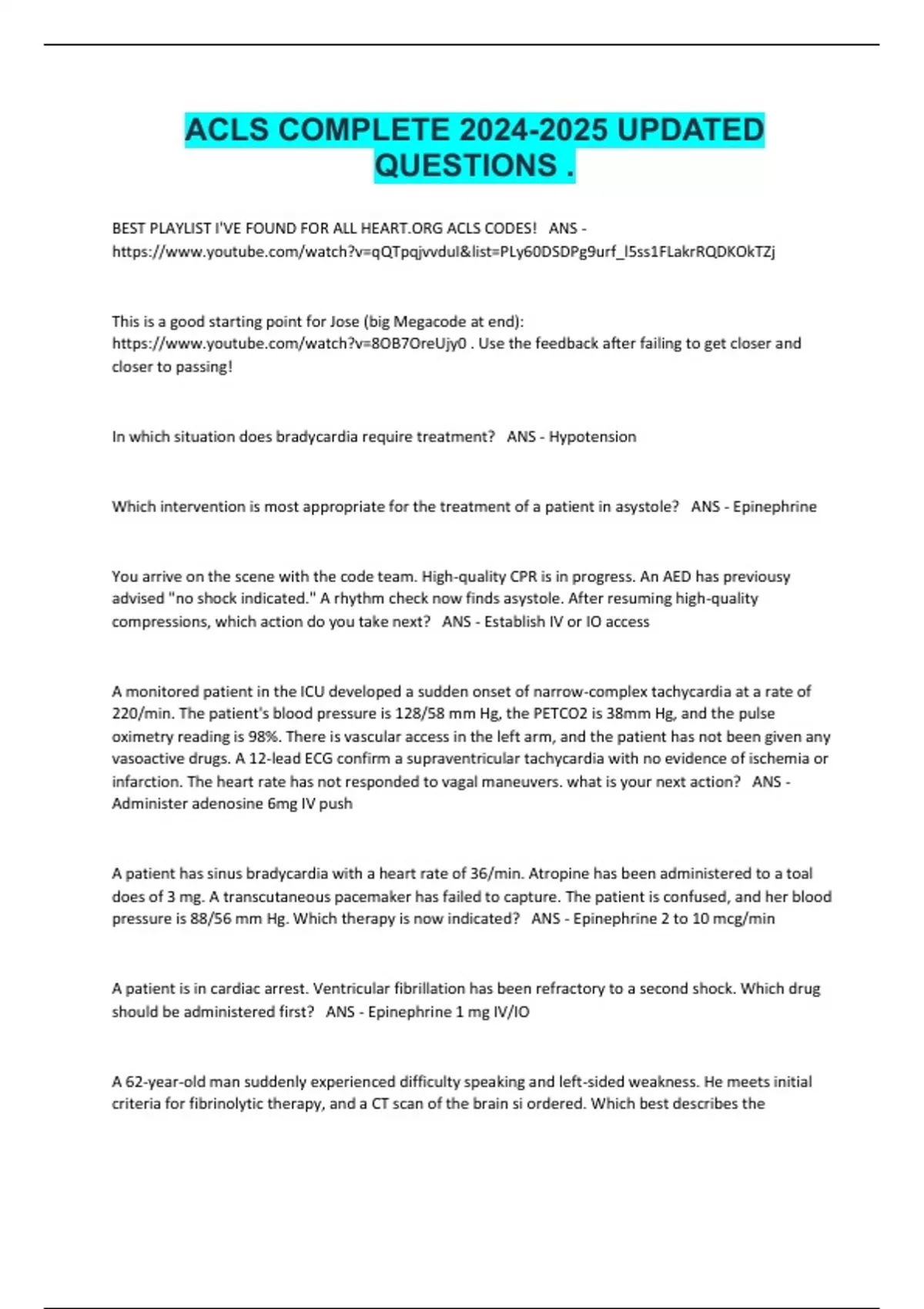 ACLS COMPLETE UPDATED QUESTIONS . - ACLS - Stuvia US
