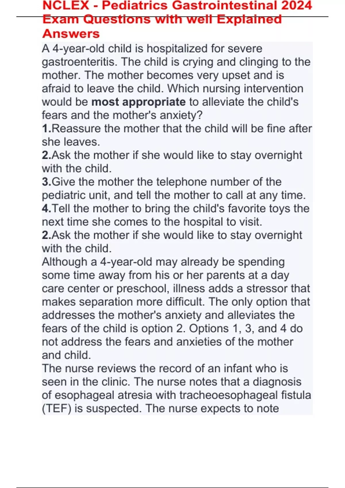 NCLEX - Pediatrics Gastrointestinal 2024 Exam Questions with well ...