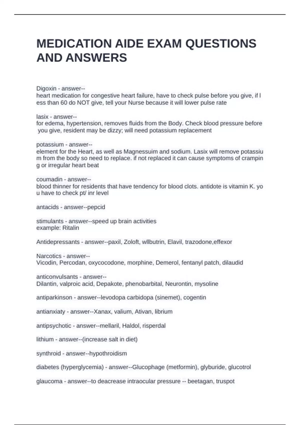 MEDICATION AIDE EXAM QUESTIONS AND ANSWERS - Med aide state - Stuvia US