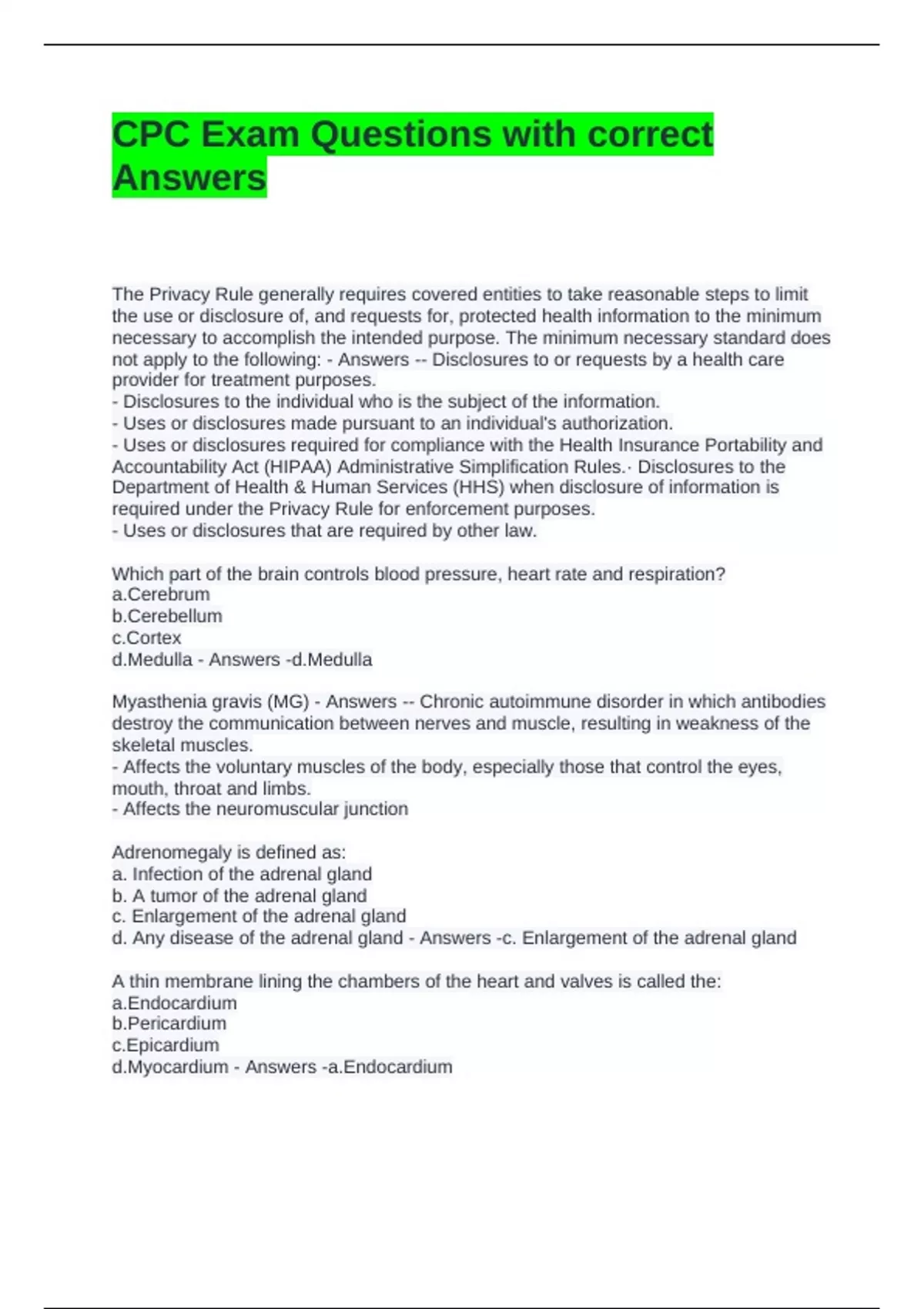 CPC Exam Questions with correct Answers - CPC - Stuvia US