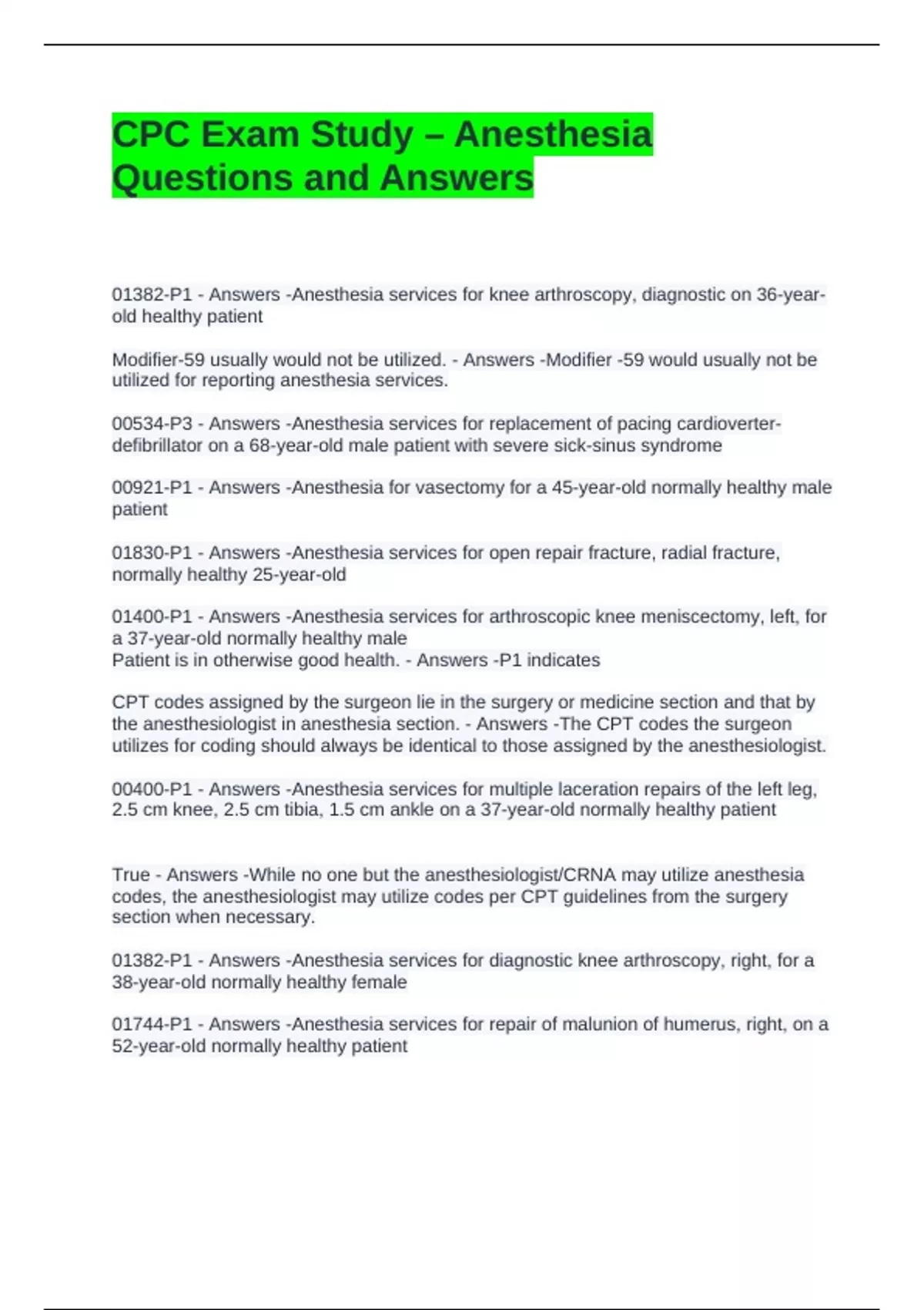 CPC Exam Study – Anesthesia Questions and Answers - CPC - Stuvia US