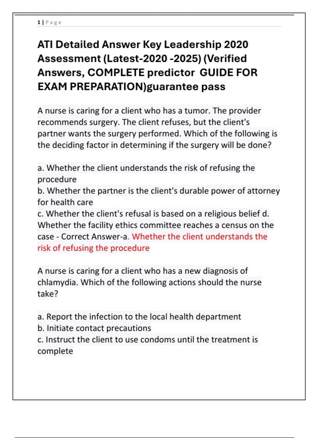 ATI Detailed Answer Key Leadership 2020 Assessment (Latest-) (Verified ...