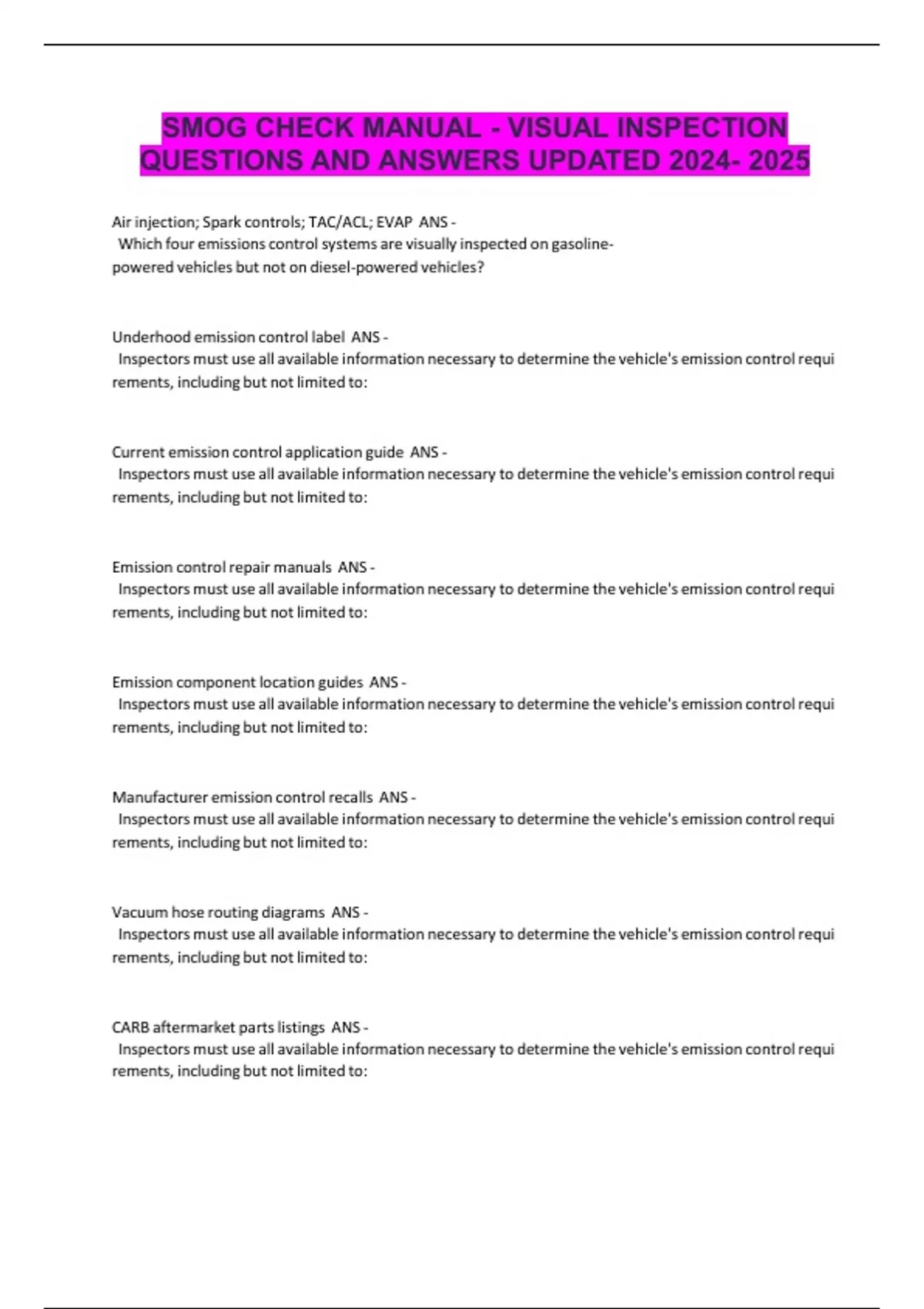 SMOG CHECK MANUAL - VISUAL INSPECTION QUESTIONS AND ANSWERS UPDATED ...
