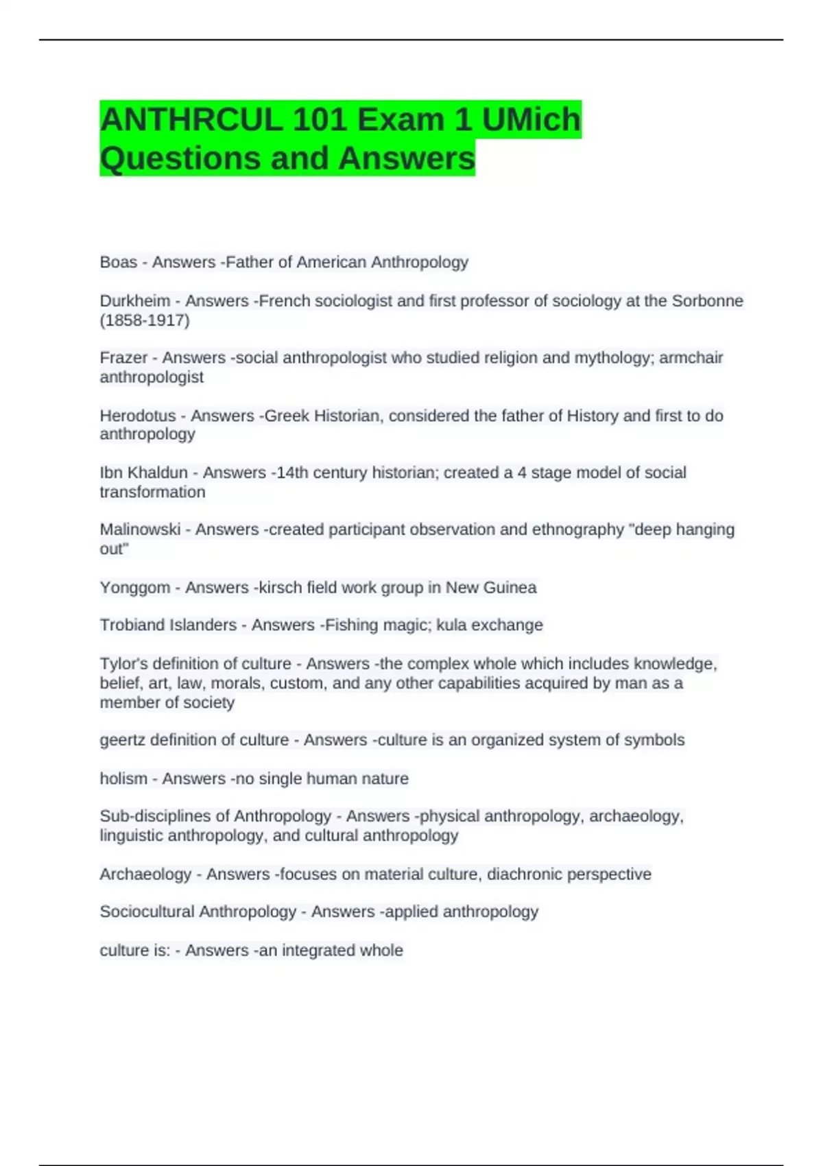 ANTHRCUL 101 Exam 1 UMich Questions and Answers - UMICH Anthrcul 101 ...