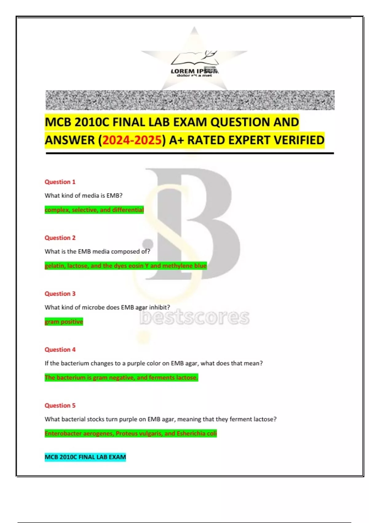 MCB 2010C FINAL LAB EXAM QUESTION AND ANSWER () A+ RATED EXPERT ...