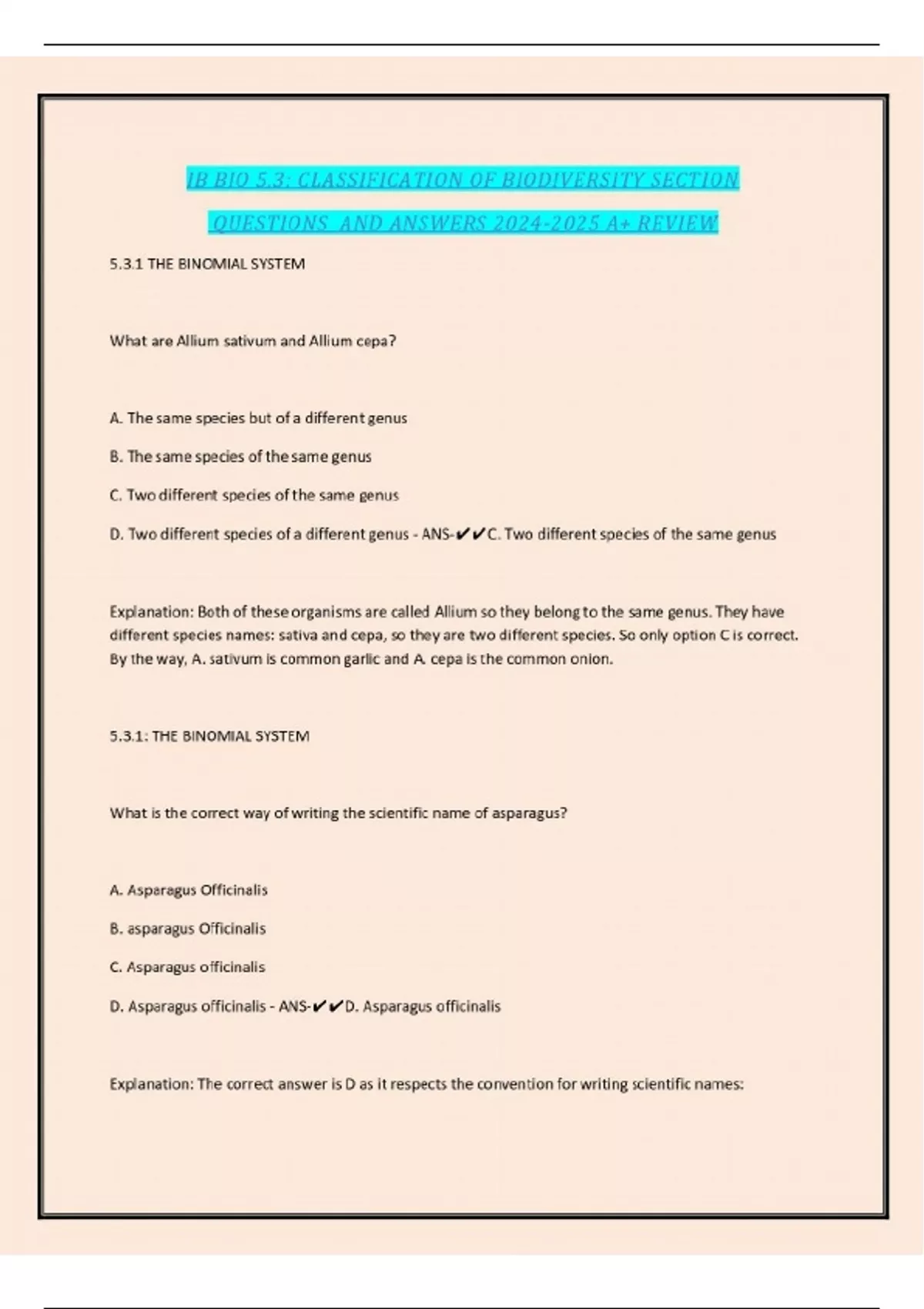 IB BIO 5.3: CLASSIFICATION OF BIODIVERSITY SECTION QUESTIONS AND ...