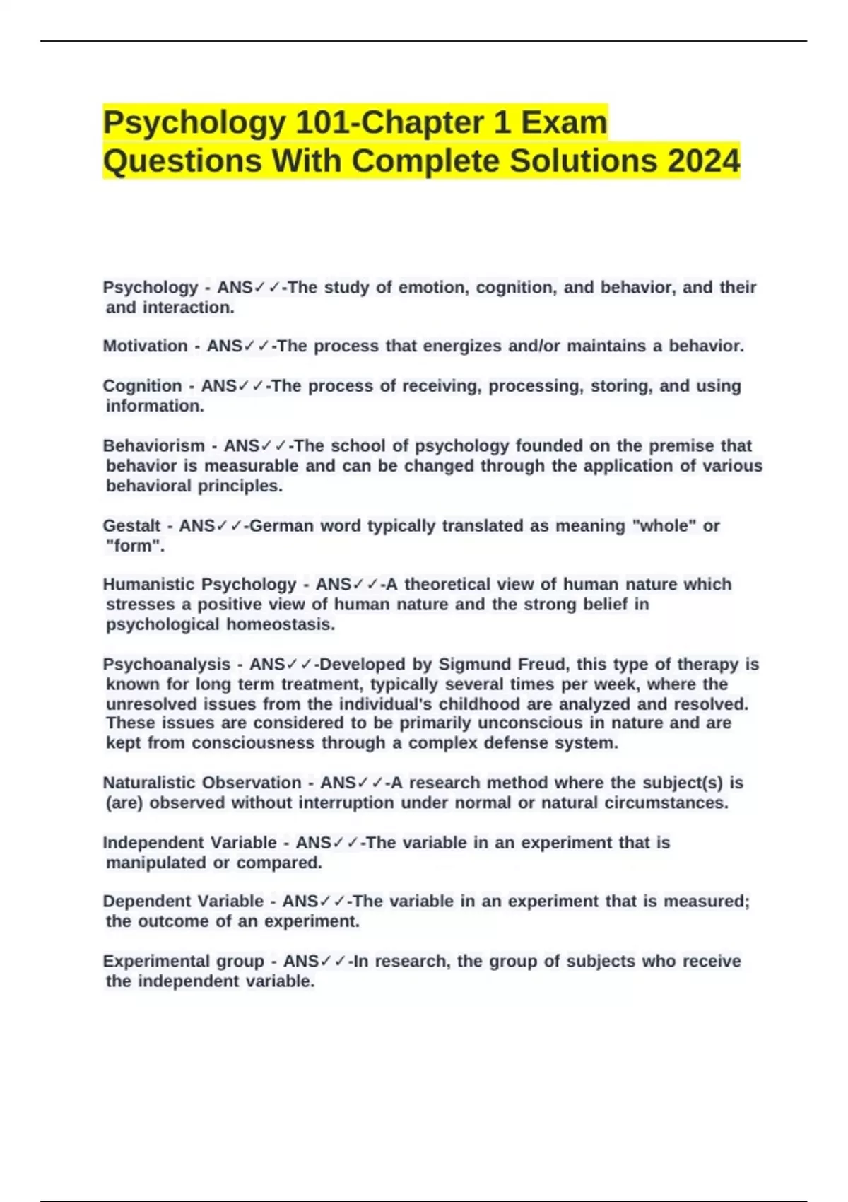 Psychology 101-Chapter 1 Exam Questions With Complete Solutions 2024 ...