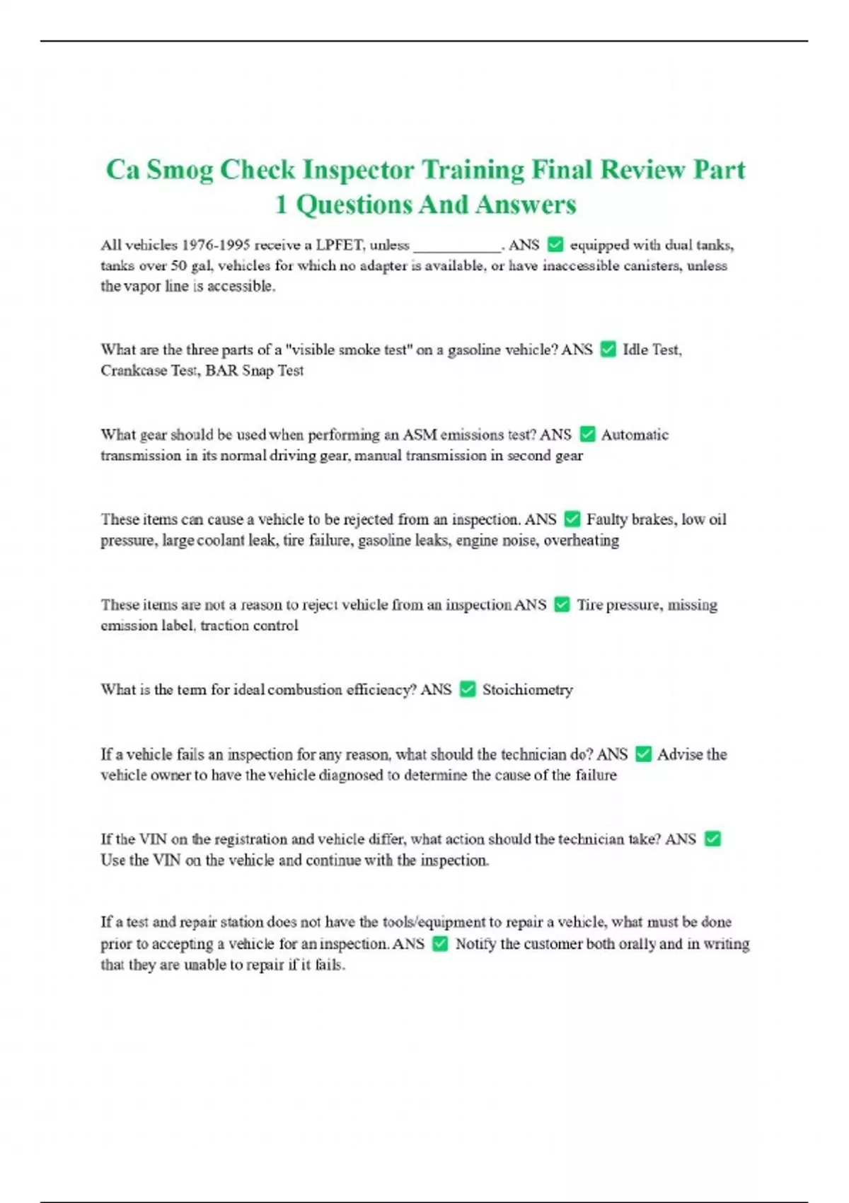 Ca Smog Check Inspector Training Final Review Part 1 Questions And Answers - Ca Smog Check ...