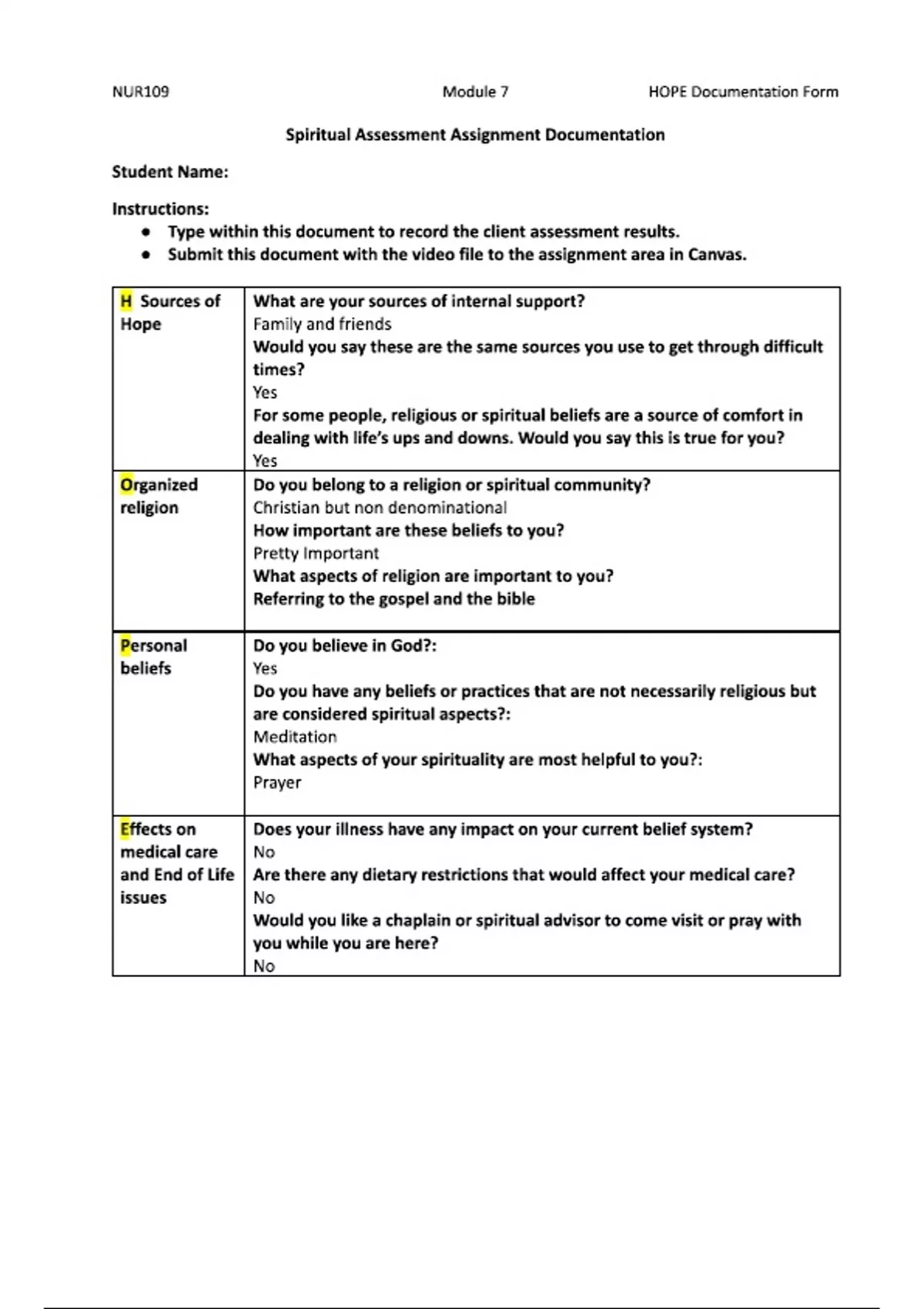 NUR109 Module 7 HOPE Documentation Form Spiritual Assessment Assignment ...