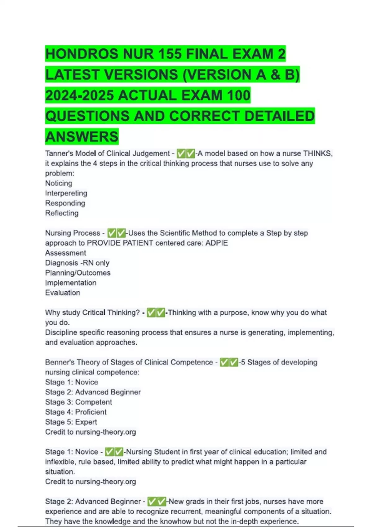 HONDROS NUR 155 FINAL EXAM 2 questions & answers | exam (elaborations),100% satisfaction ...
