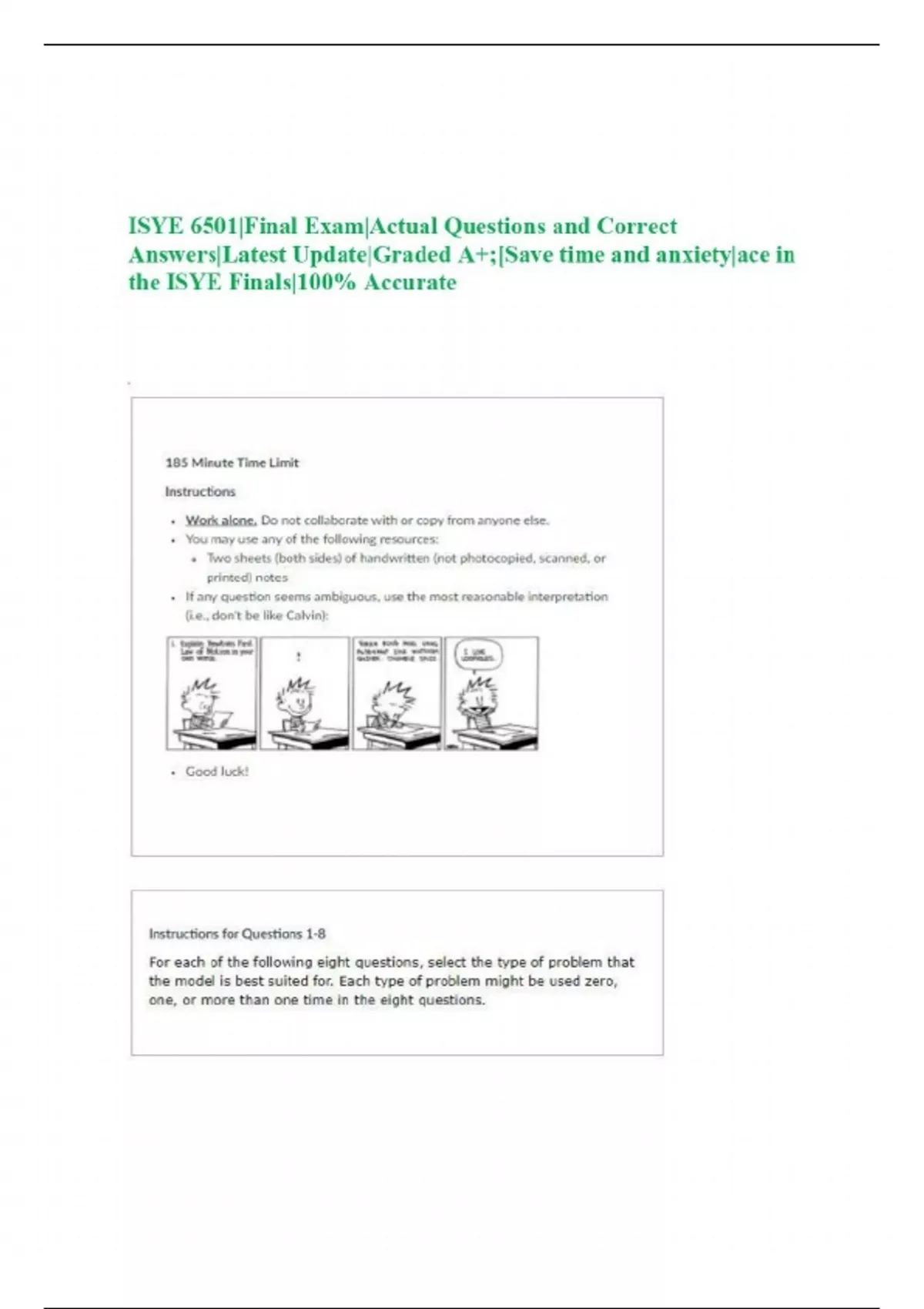 ISYE 6501|Final Exam|Actual Questions and Correct Answers|Latest Update ...