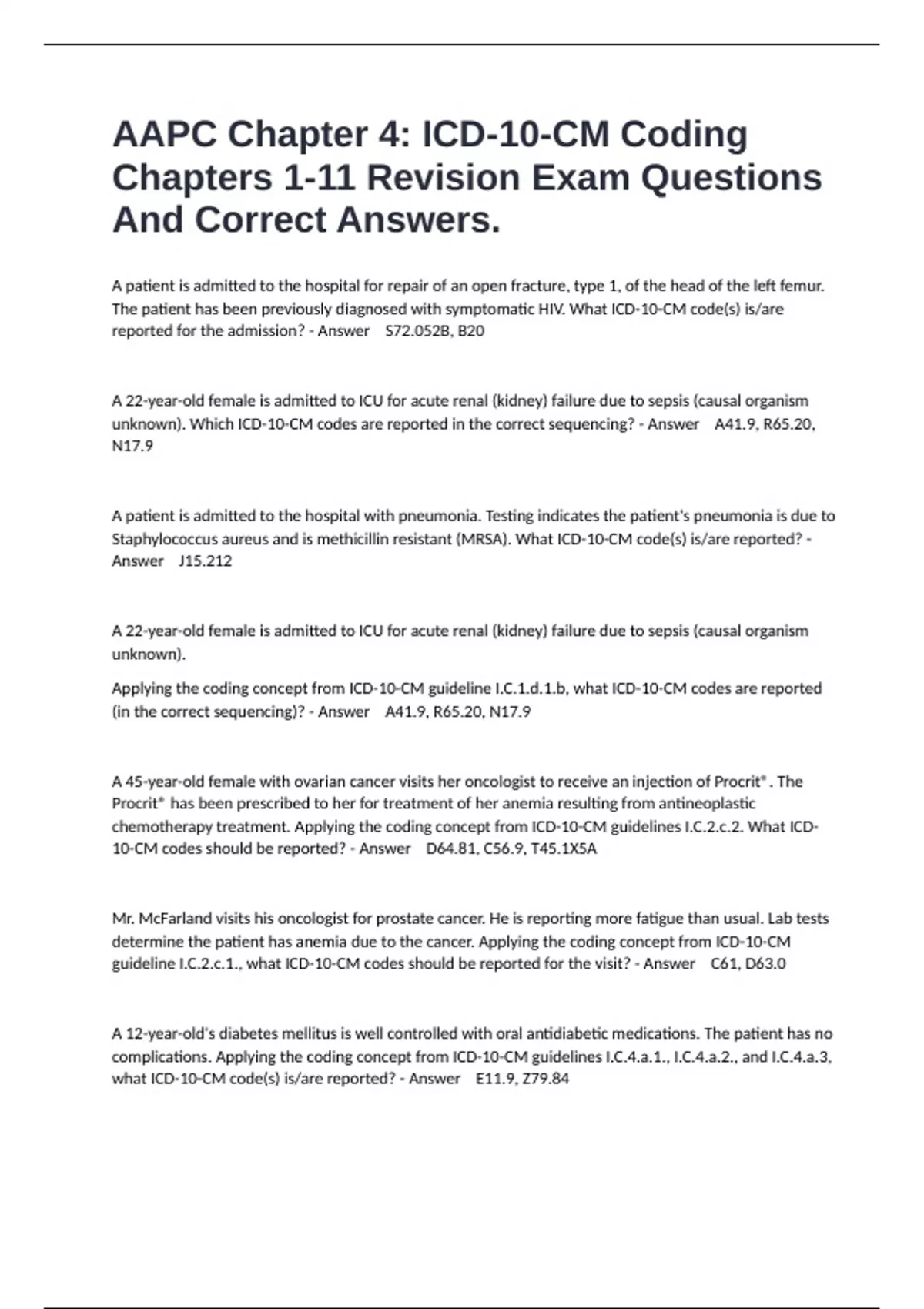 AAPC Chapter 4: ICD-10-CM Coding Chapters 1-11 Revision Exam Questions And Correct Answers ...