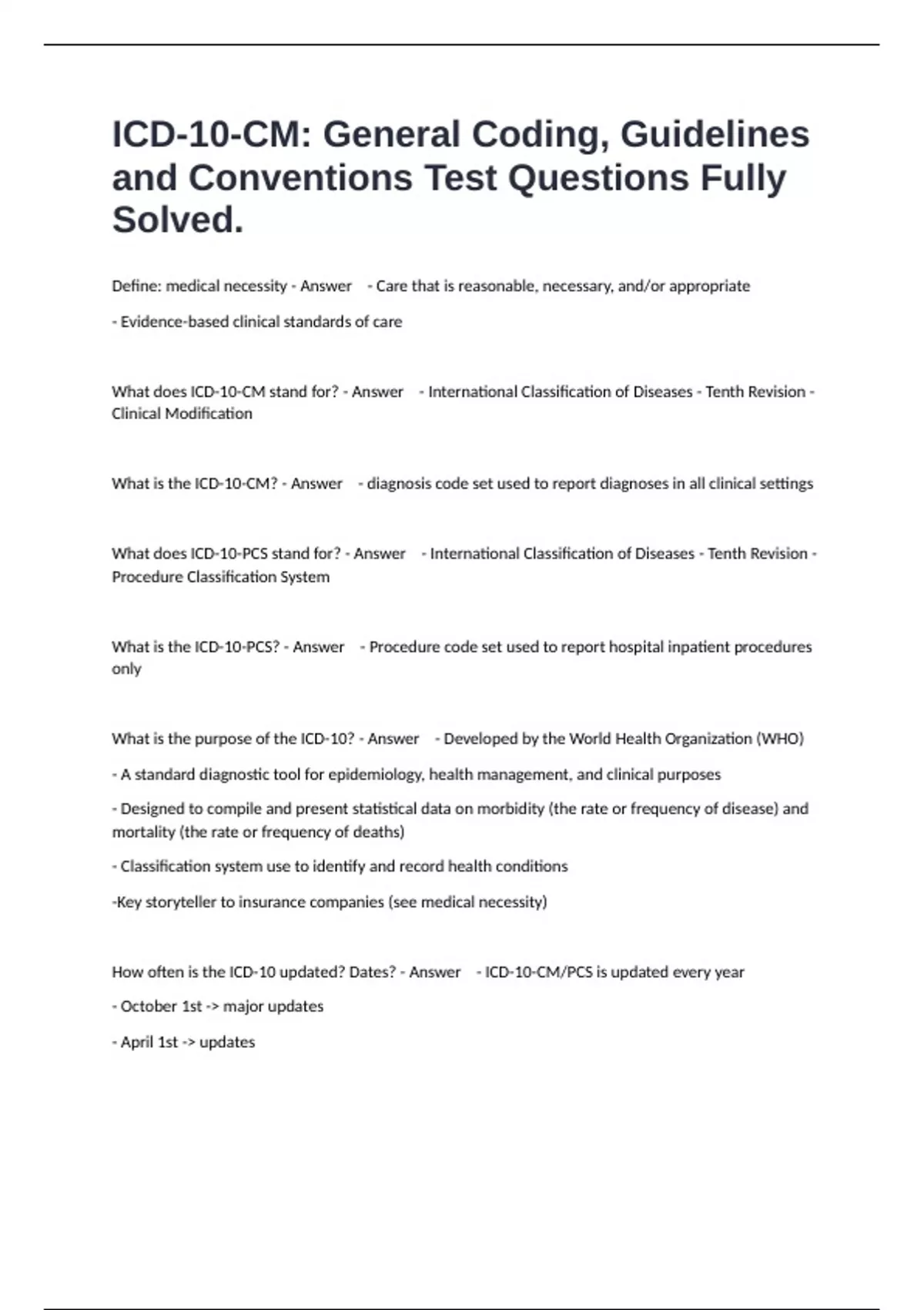 ICD-10-CM: General Coding, Guidelines and Conventions Test Questions ...