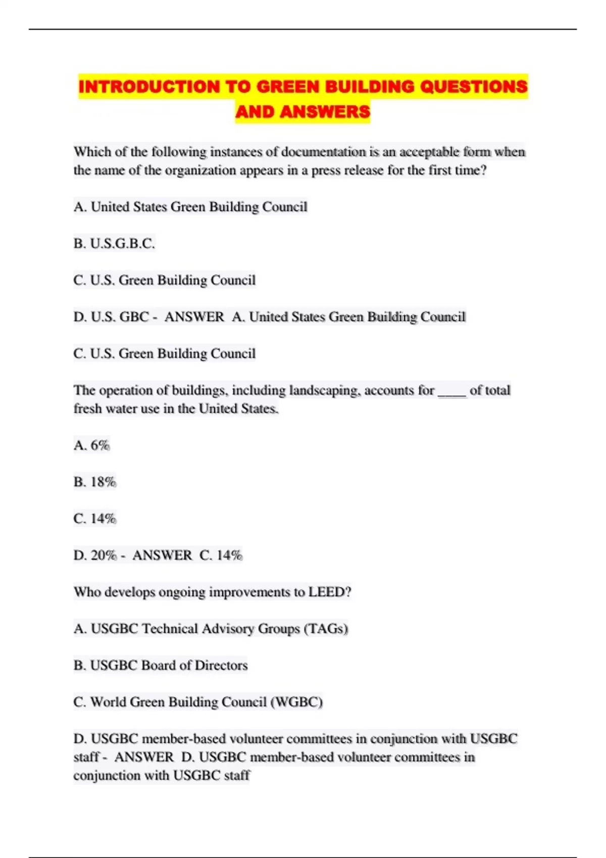 INTRODUCTION TO GREEN BUILDING QUESTIONS AND ANSWERS - INTRODUCTION TO ...