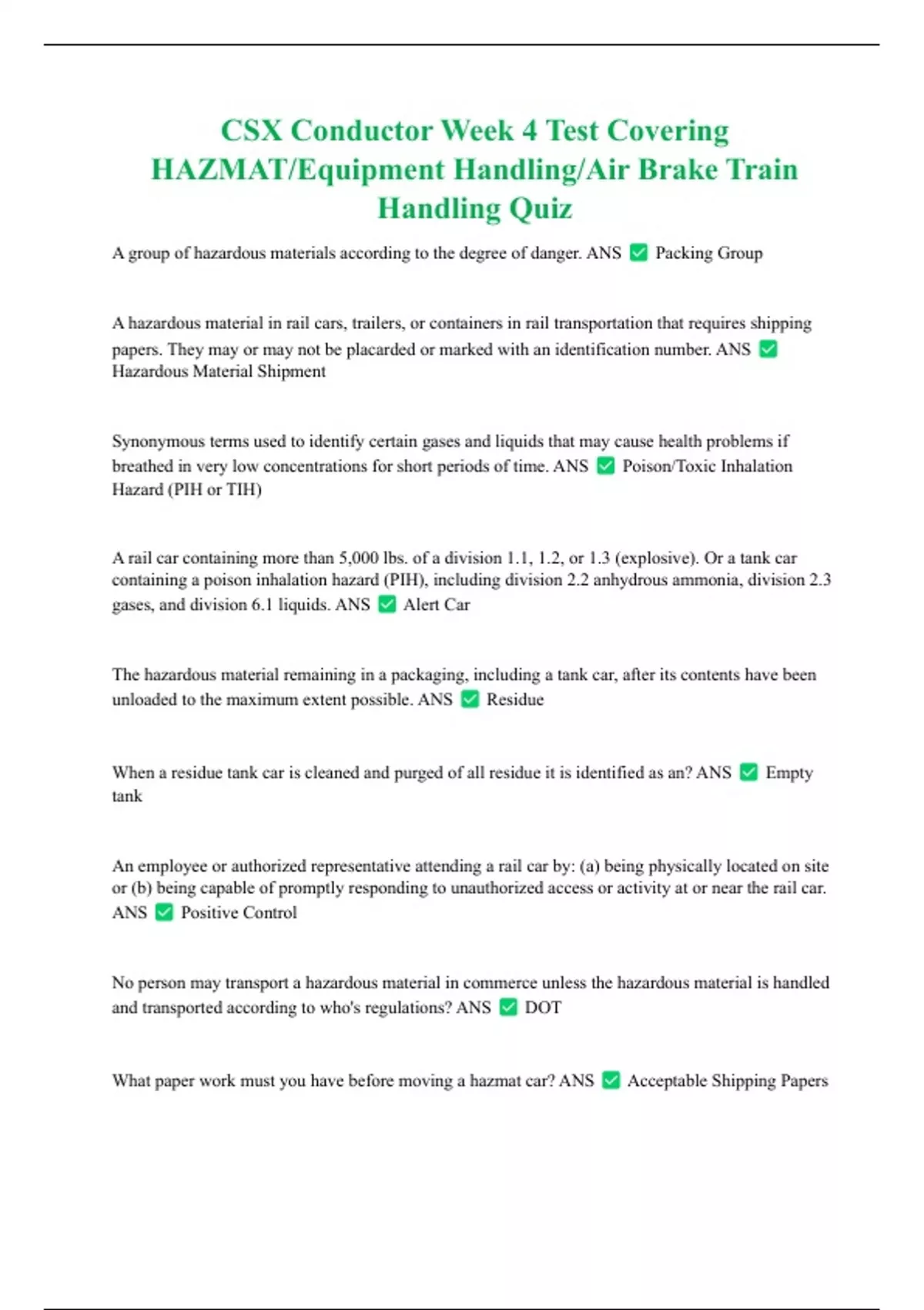CSX Conductor Week 4 Test Covering HAZMAT/Equipment Handling/Air Brake ...