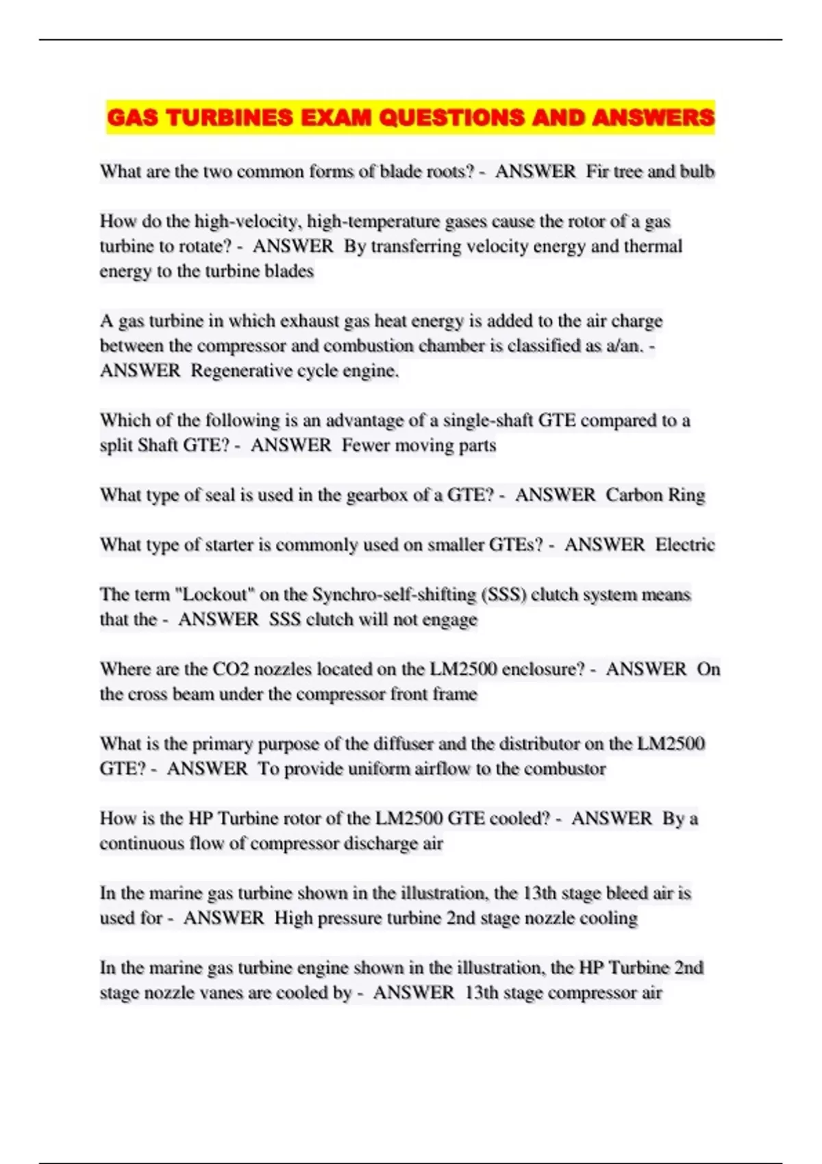 GAS TURBINES EXAM QUESTIONS AND ANSWERS - GAS TURBINES - Stuvia US