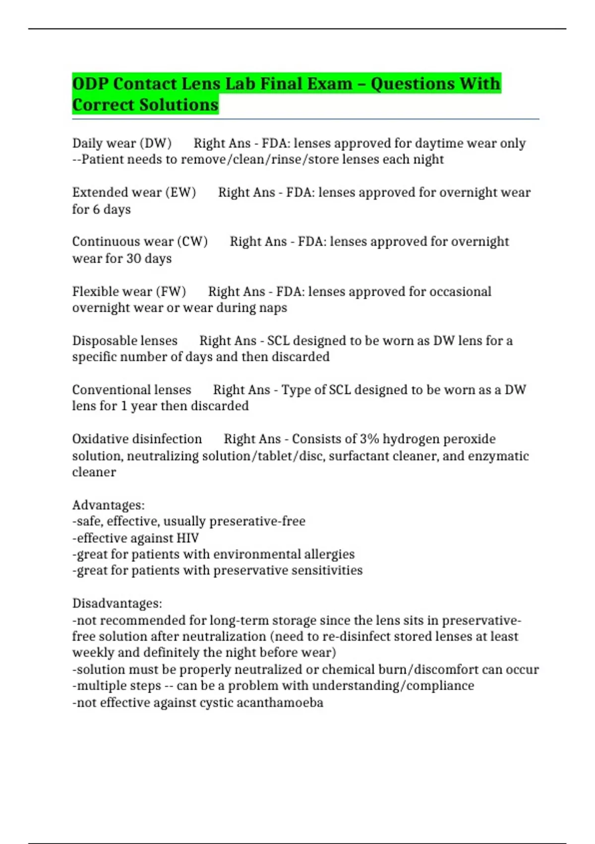 ODP Contact Lens Lab Final Exam – Questions With Correct Solutions ...