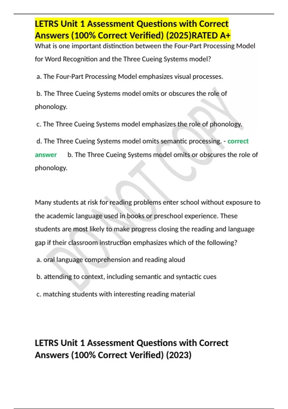 LETRS Unit 1 Assessment Questions with Correct Answers (100% Correct ...
