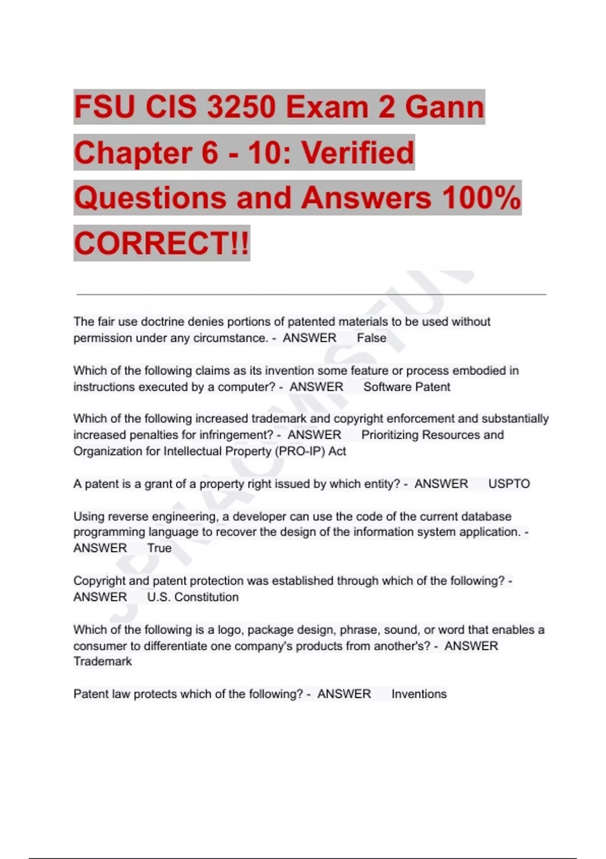 FSU CIS 3250 Exam 2 Gann Chapter 6 - 10: Verified Questions and Answers ...