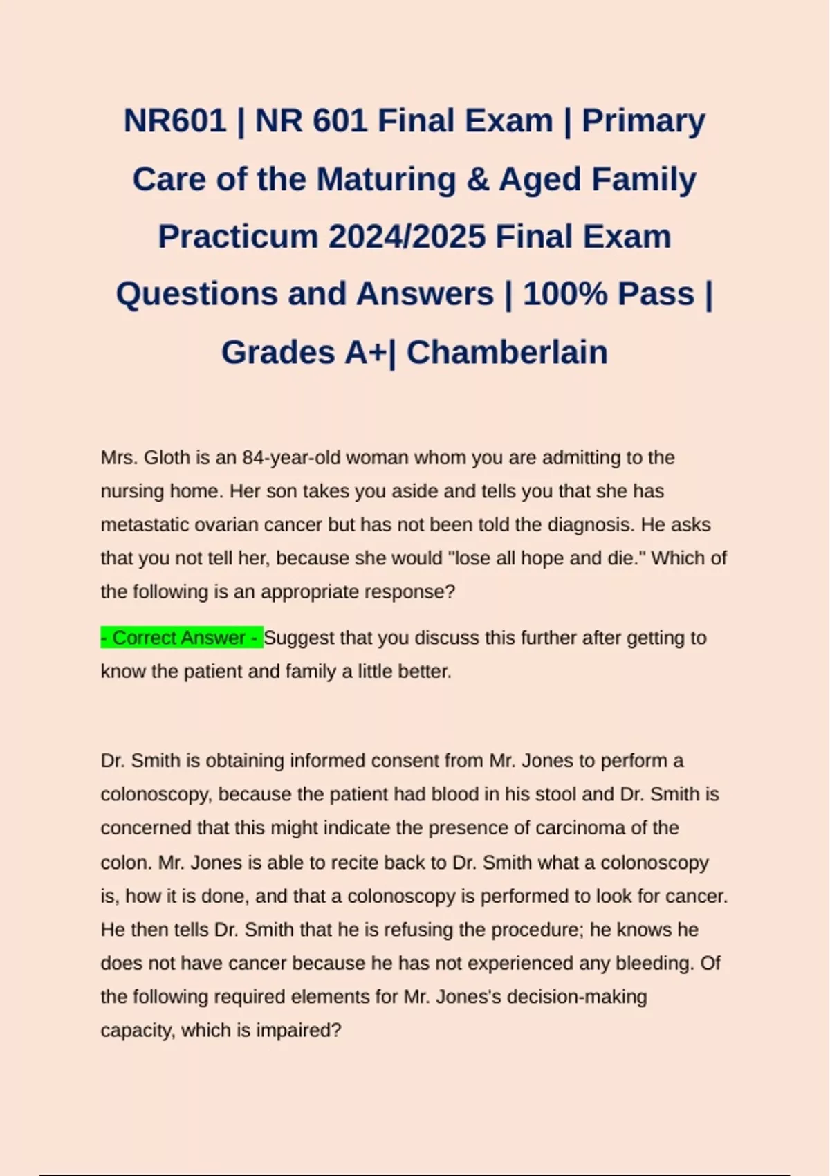 NR601 | NR 601 Final Exam | Primary Care of the Maturing & Aged Family ...