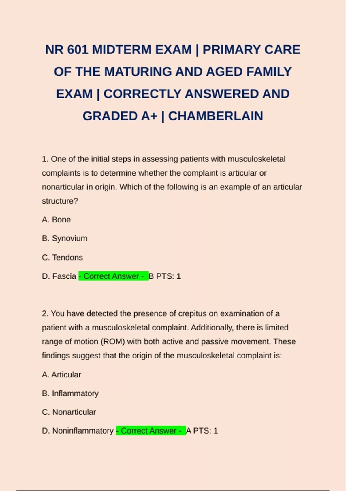 NR 601 MIDTERM EXAM | PRIMARY CARE OF THE MATURING AND AGED FAMILY EXAM ...