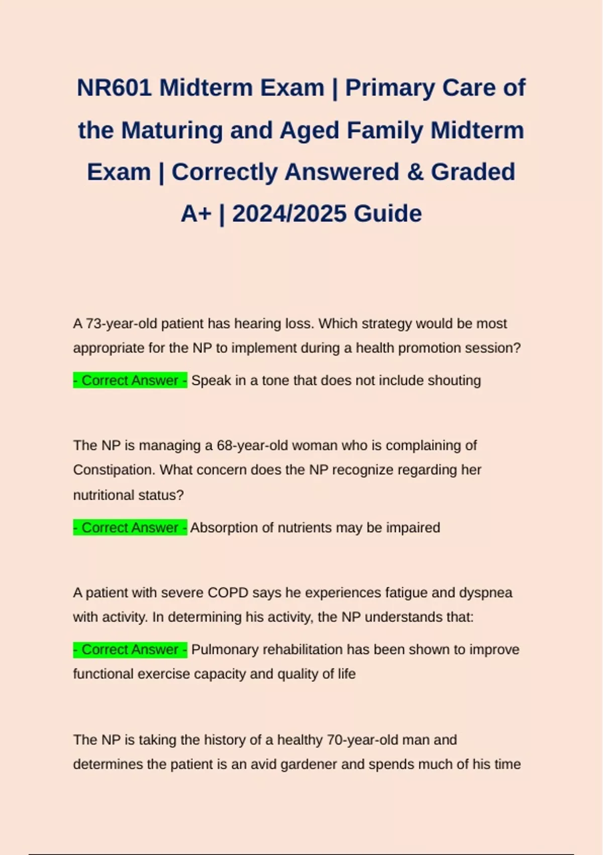 NR601 Midterm Exam | Primary Care of the Maturing and Aged Family Midterm Exam | Correctly ...