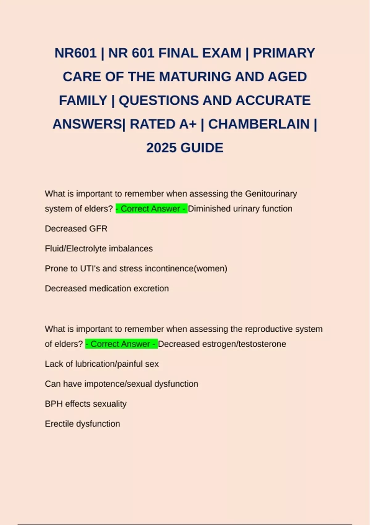 NR601 | NR 601 FINAL EXAM | PRIMARY CARE OF THE MATURING AND AGED ...