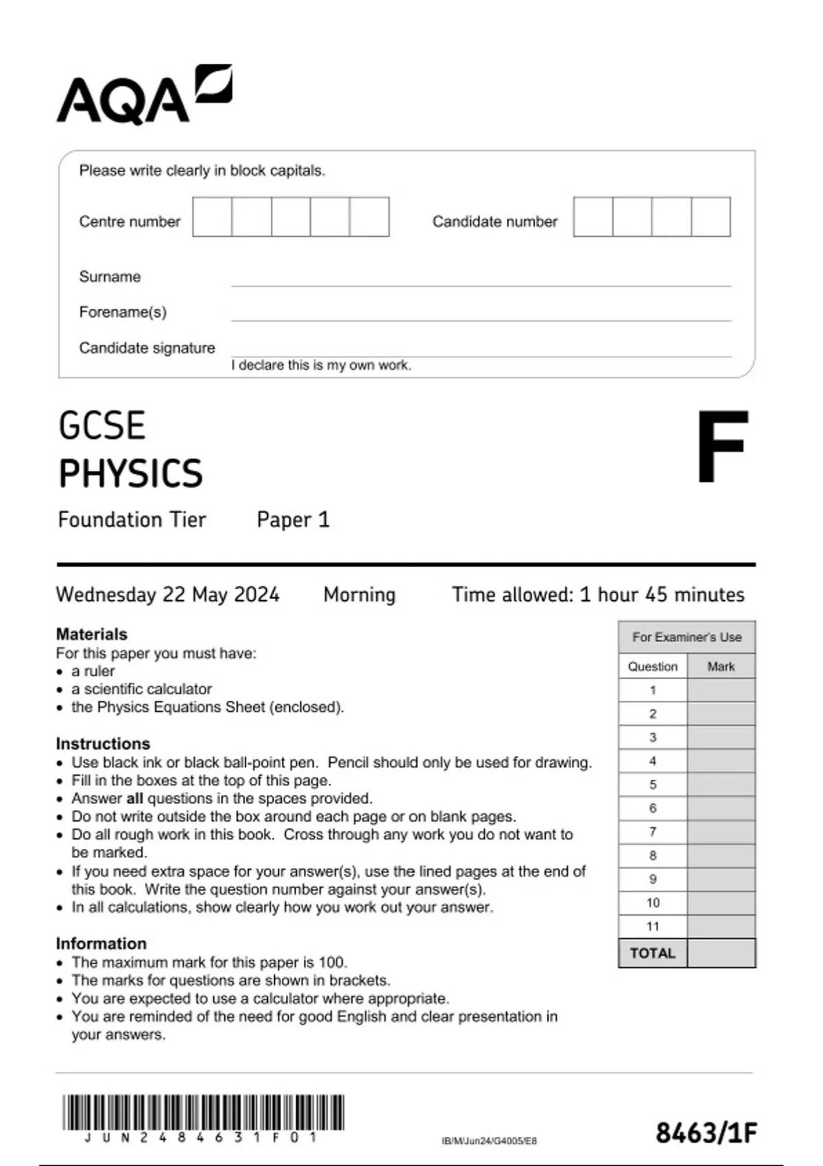 AQA GCSE PHYSICS Foundation Tier Paper 1 and 2 JUNE 2024 QUESTION PAPERS AND MARK SCHEMES ...