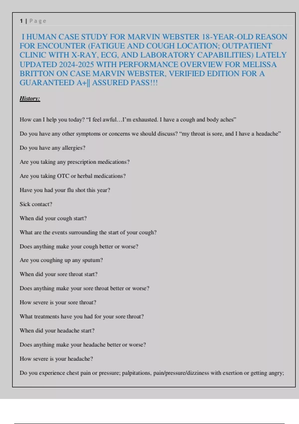 i human CASE STUDY FOR MARVIN WEBSTER 18-YEAR-OLD REASON FOR ENCOUNTER (FATIGUE AND COUGH ...