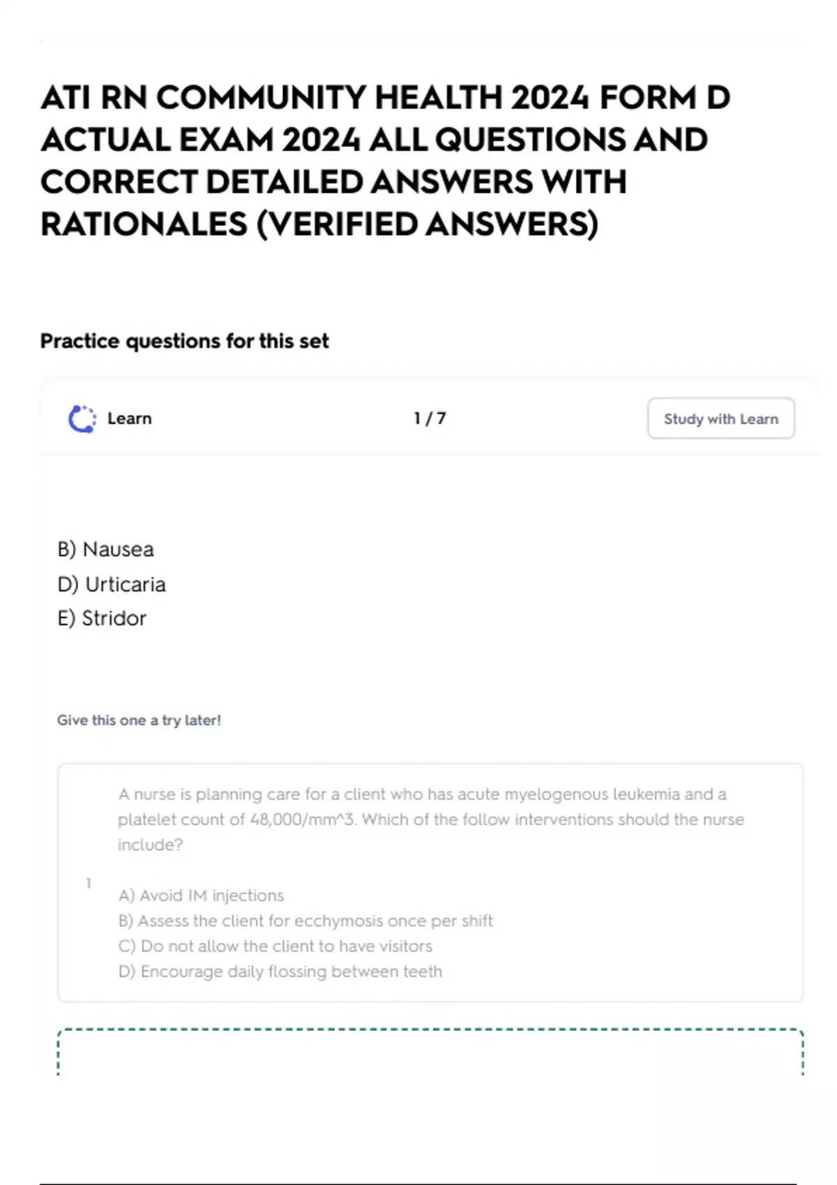 ATI RN COMMUNITY HEALTH 2024 FORM D ACTUAL EXAM 2024 ALL QUESTIONS AND ...