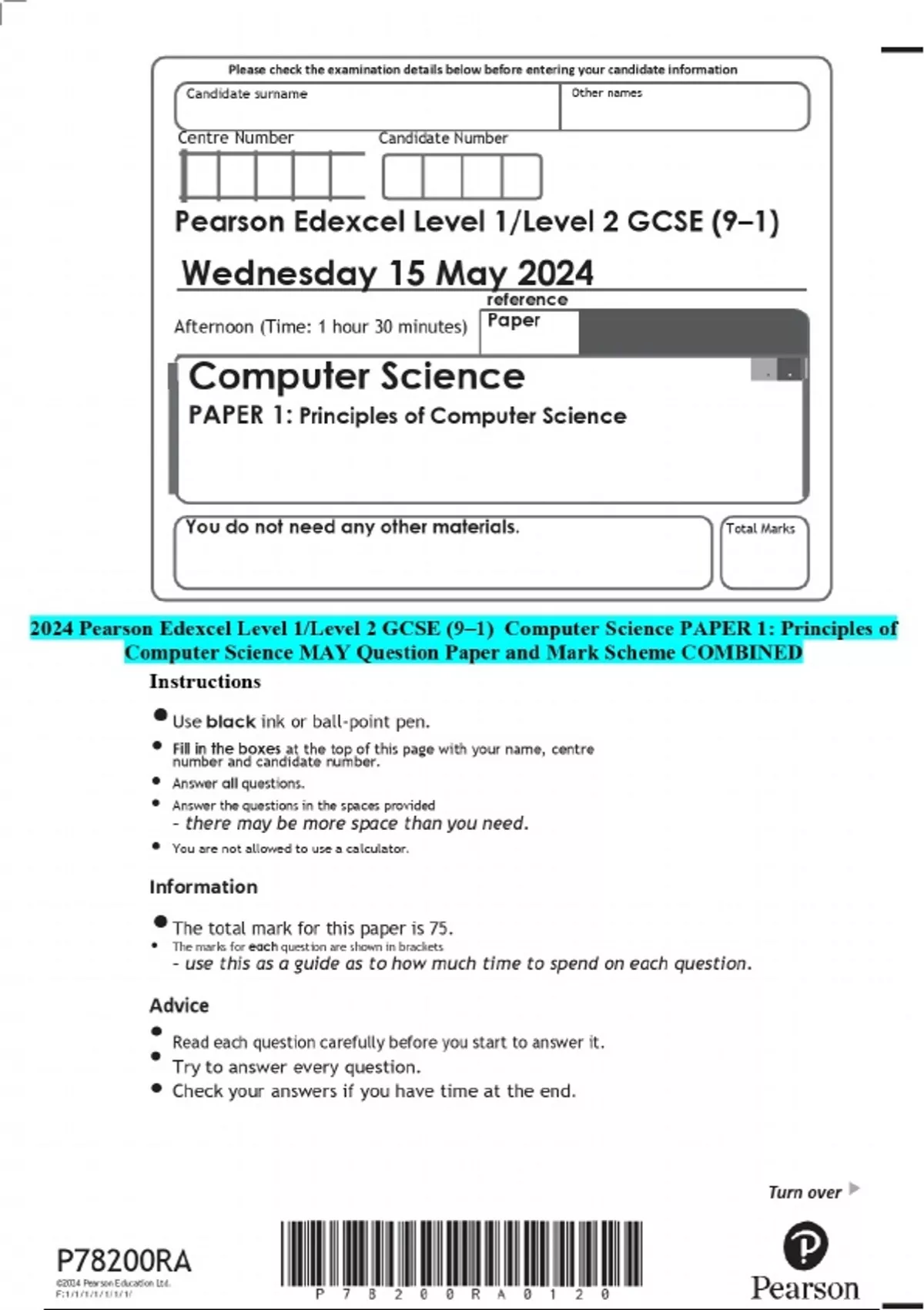 2024 Pearson Edexcel Level 1/Level 2 GCSE (9–1) Computer Science PAPER 1: Principles of Computer ...