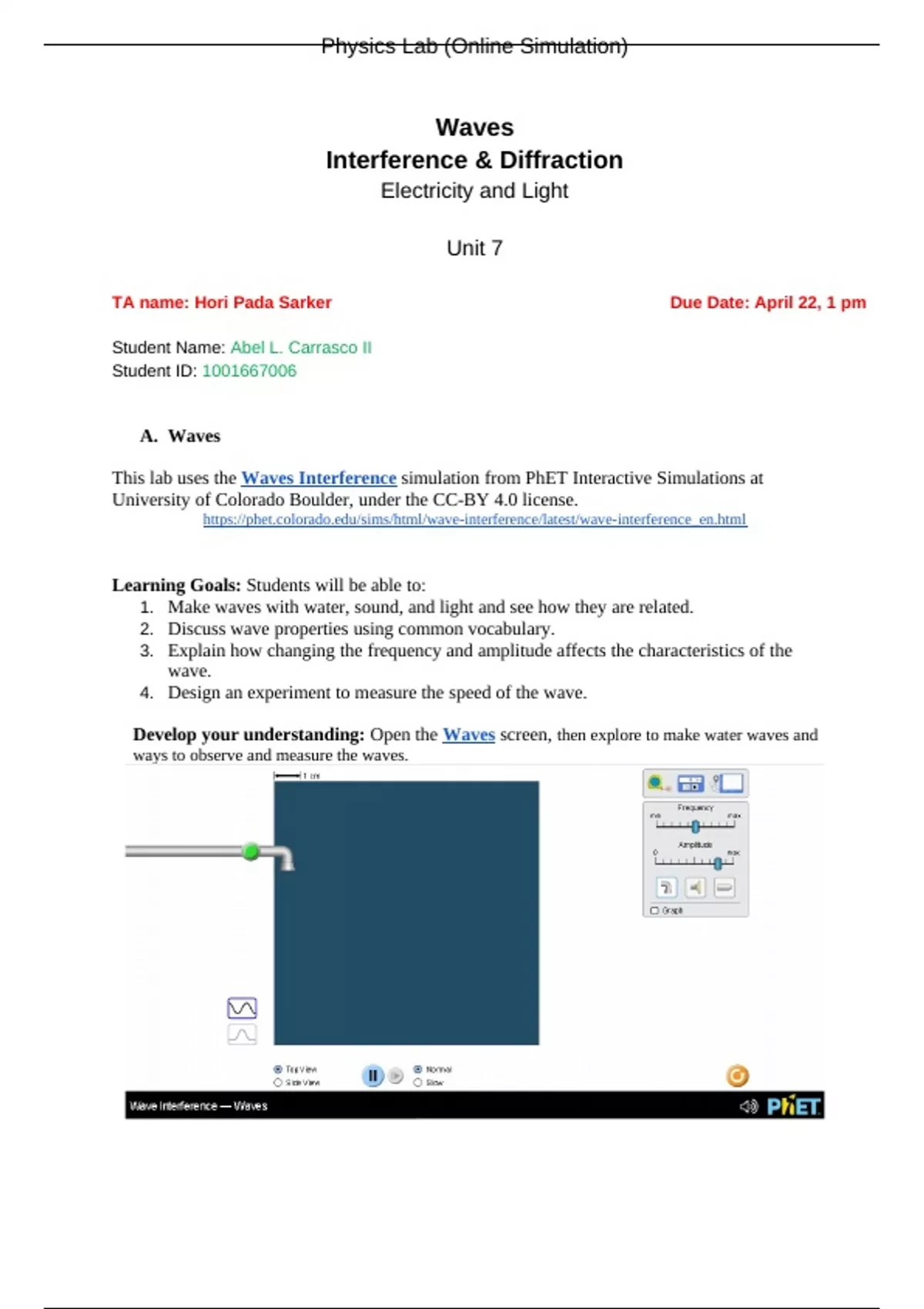 Physics Lab 8 (Online Simulation) waves interference and Diffraction 2024/2025 - Physics MISC ...